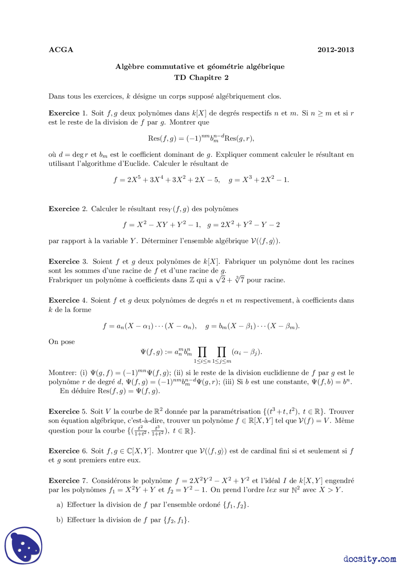 Exercices De Algèbre Commutative Et Géométrie Algébrique Docsity