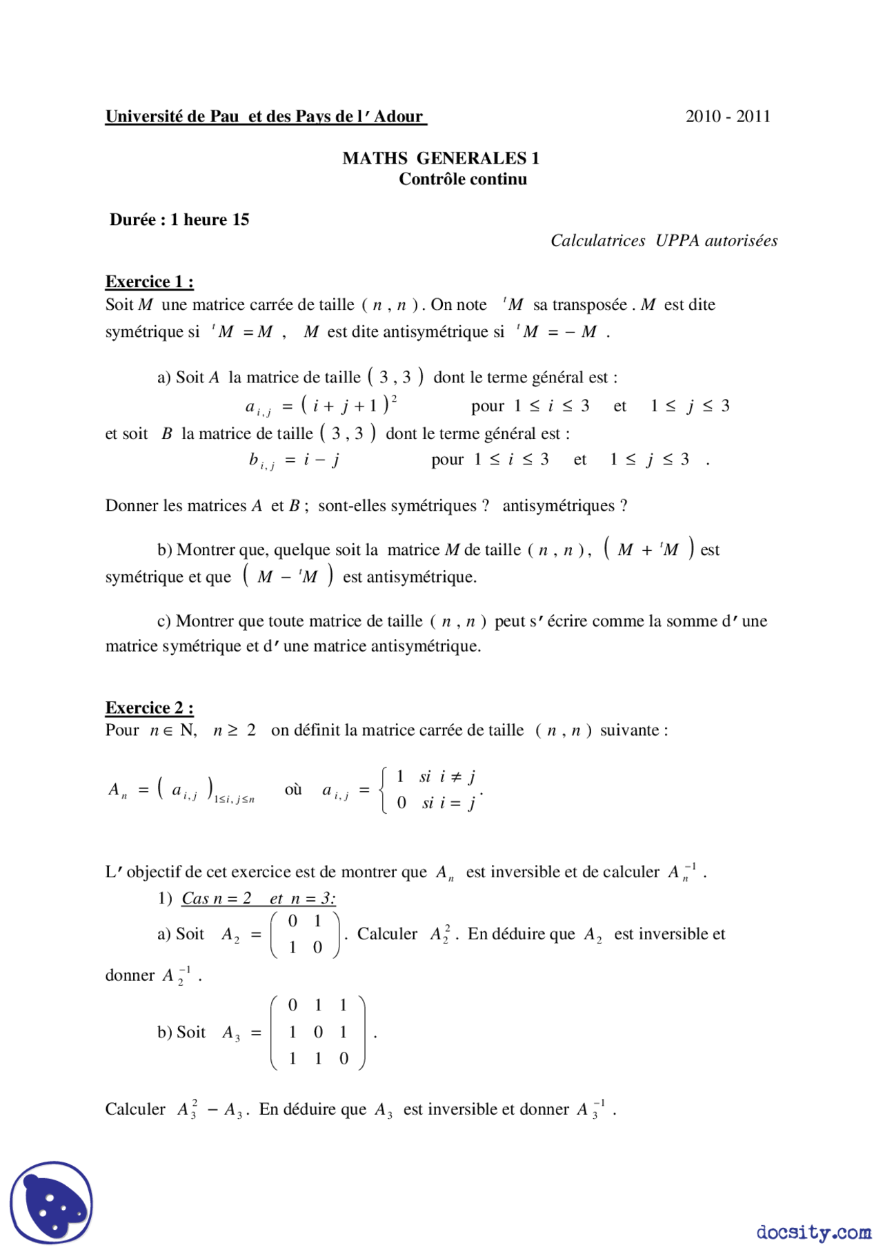 Exerccies De Mathématiques Générales Docsity