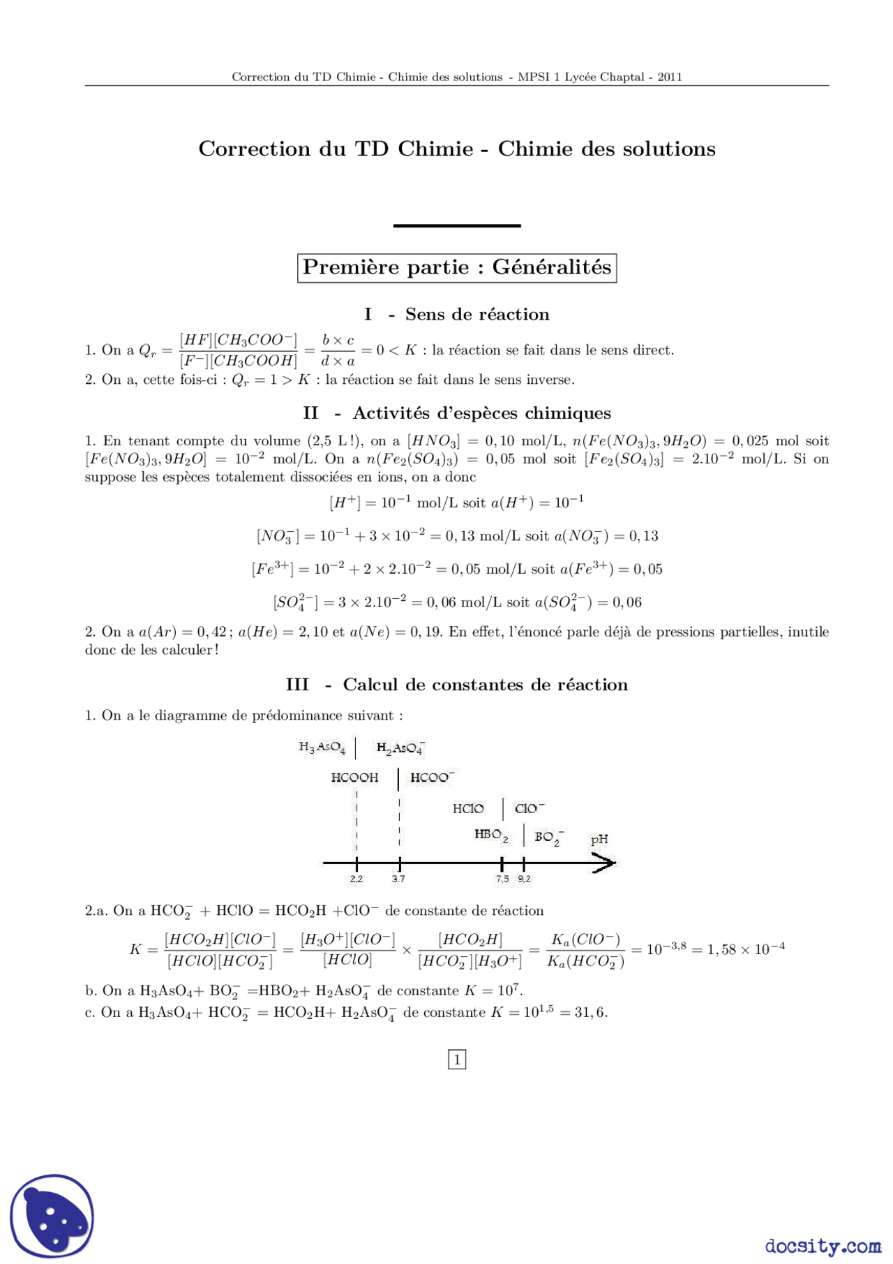 Exercices De Chimie Des Solutions Exercices Chimie Appliquée Docsity