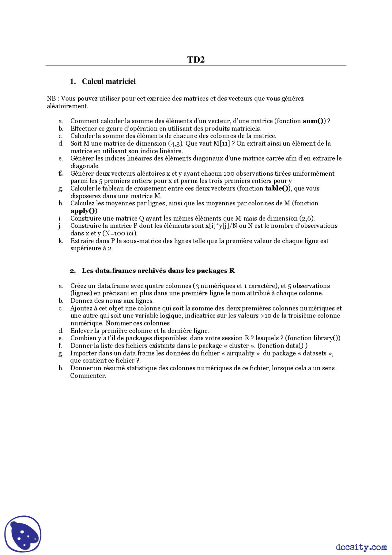 Exercices Dinformatique Sur Le Calcul Matriciel Docsity