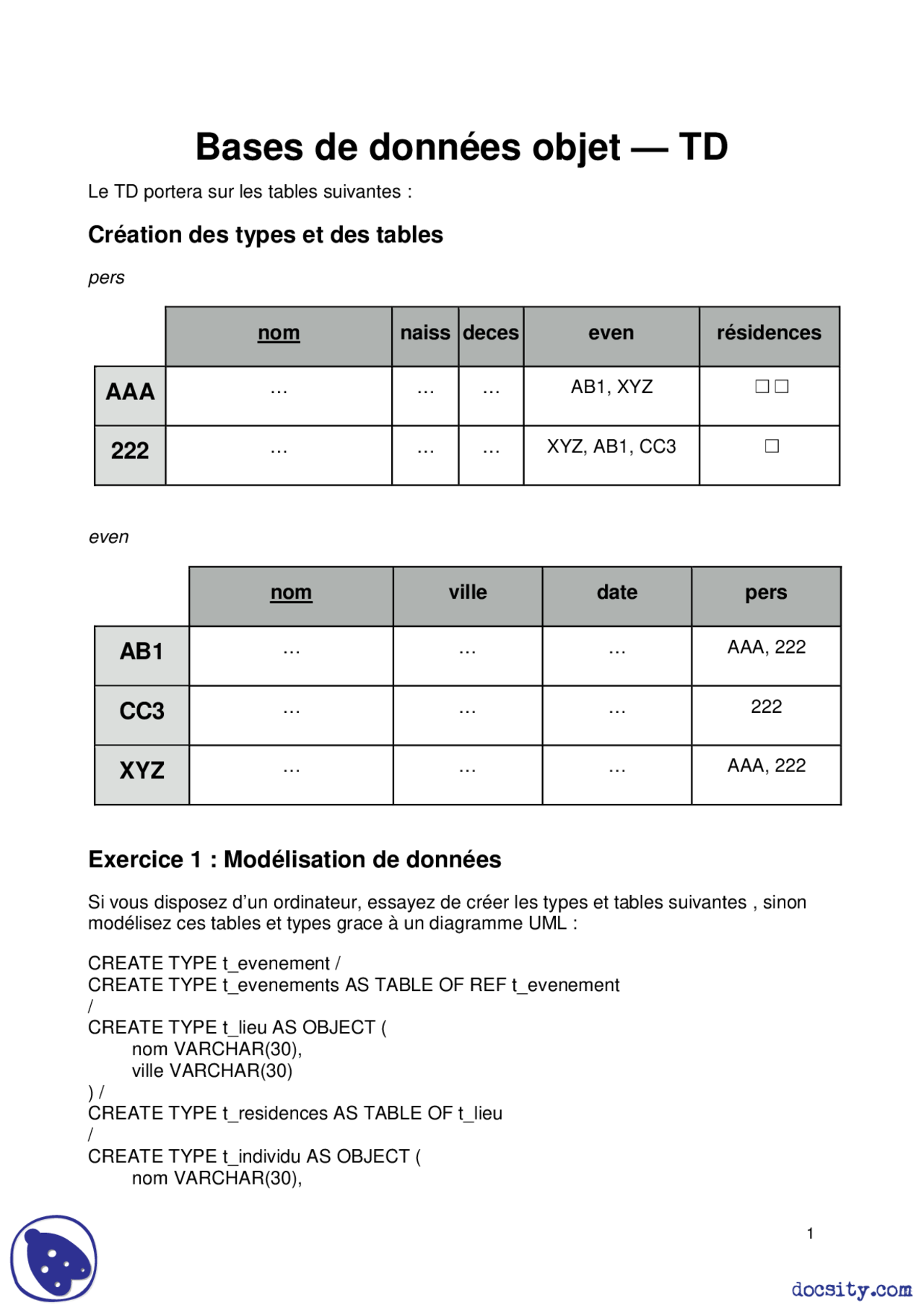 Exercices Sur Les Bases De Données Objet Docsity