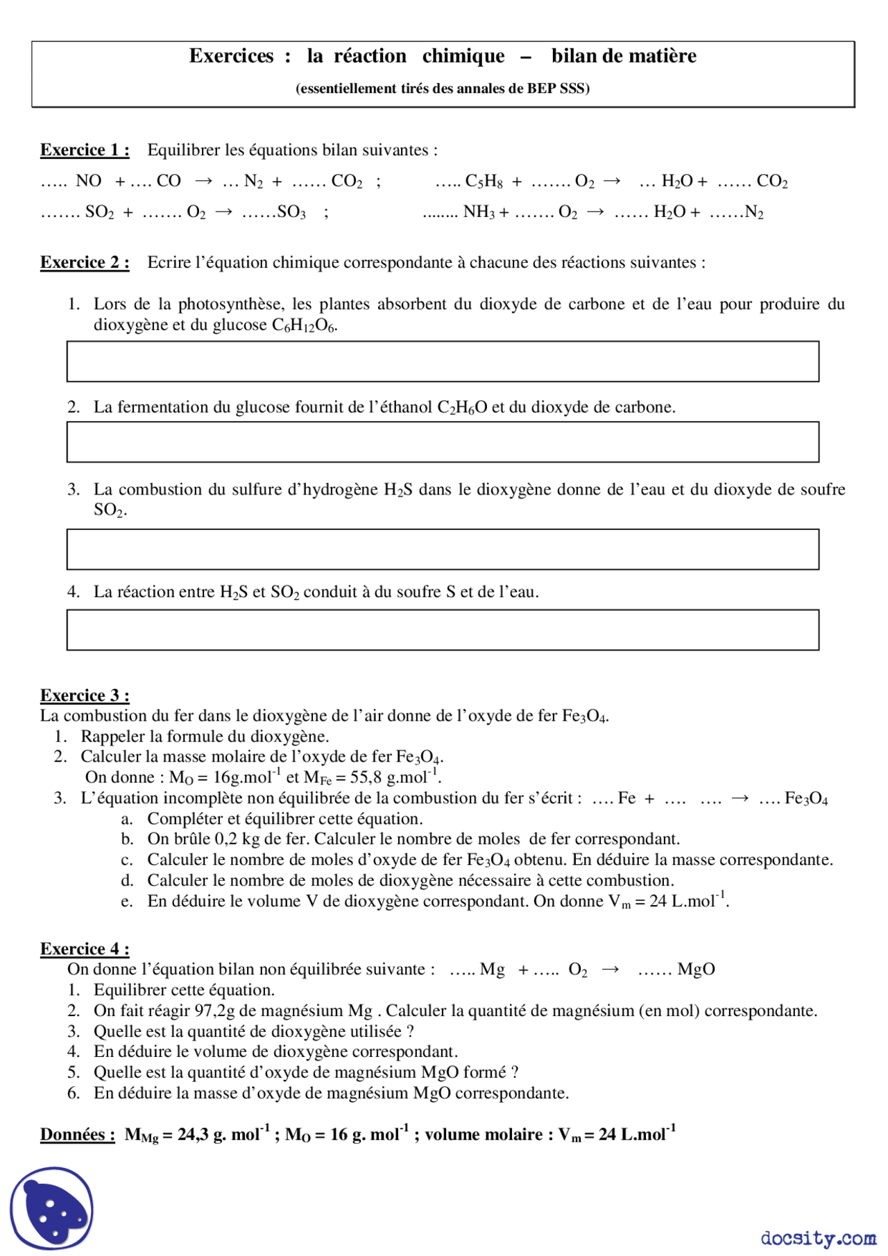 Exercices Sur La Réaction Chimique Exercices Chimie Appliquée Docsity