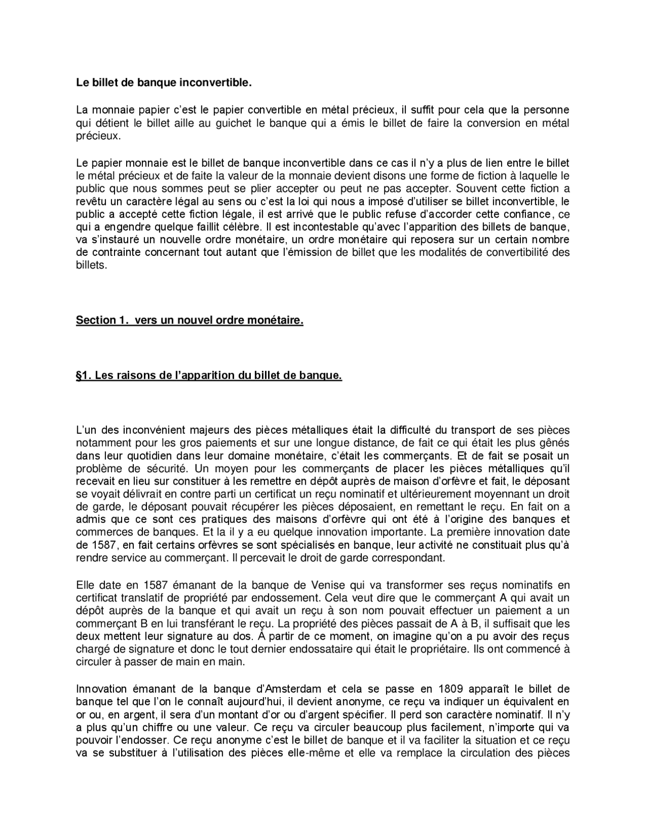 Notes sur le billet de banque inconvertible - 1° partie | Notes Droit ...
