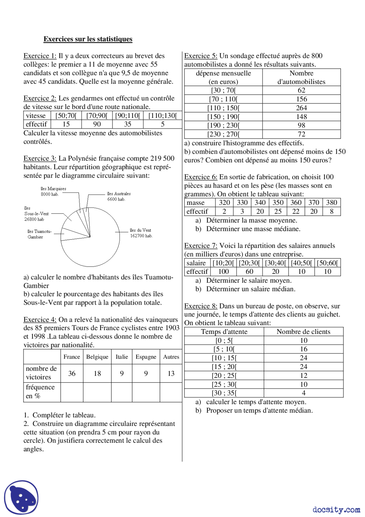 Exercices Sur Les Statistiques Docsity