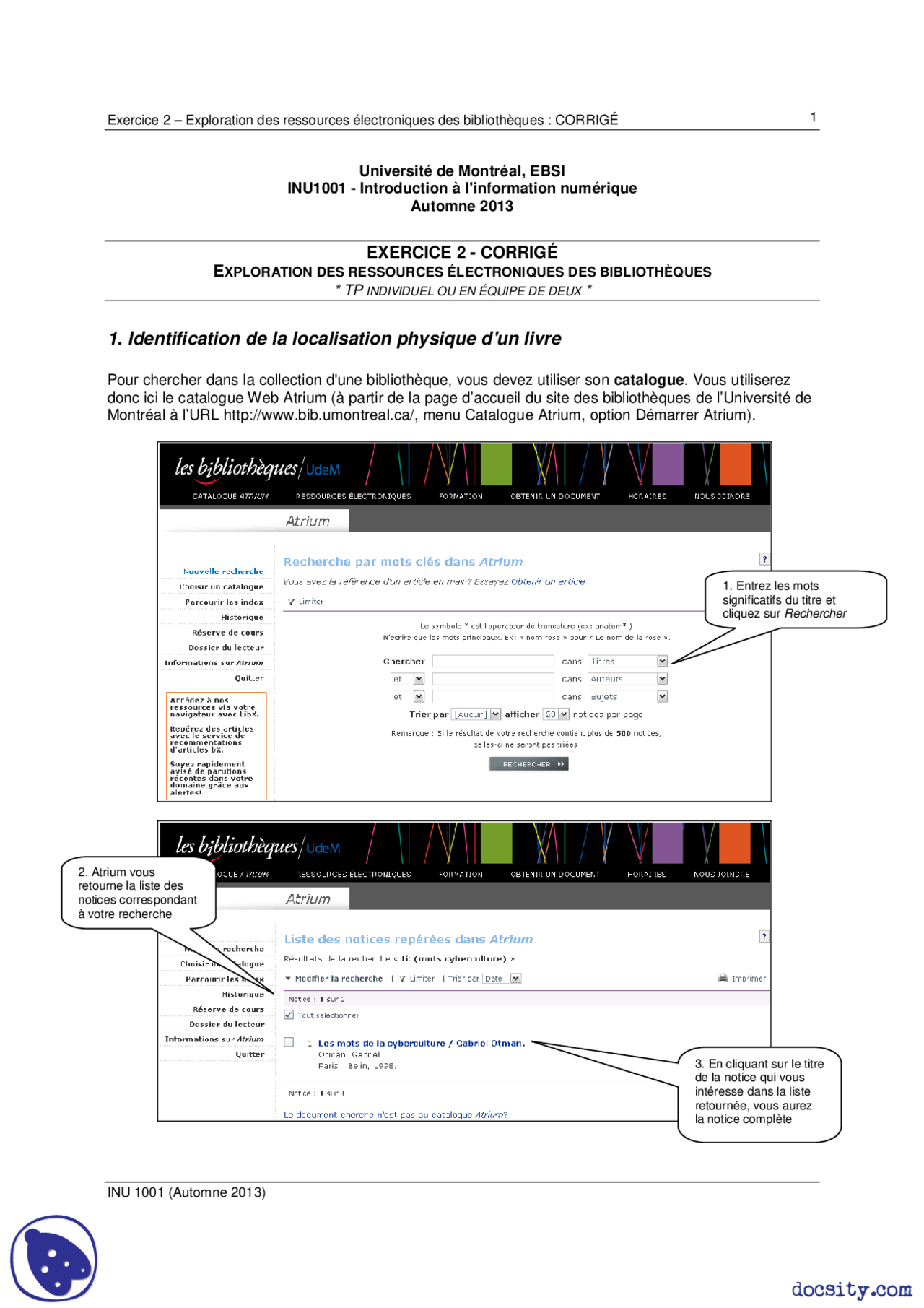 Exercices Sur Lintroduction à Linformation Numérique Docsity