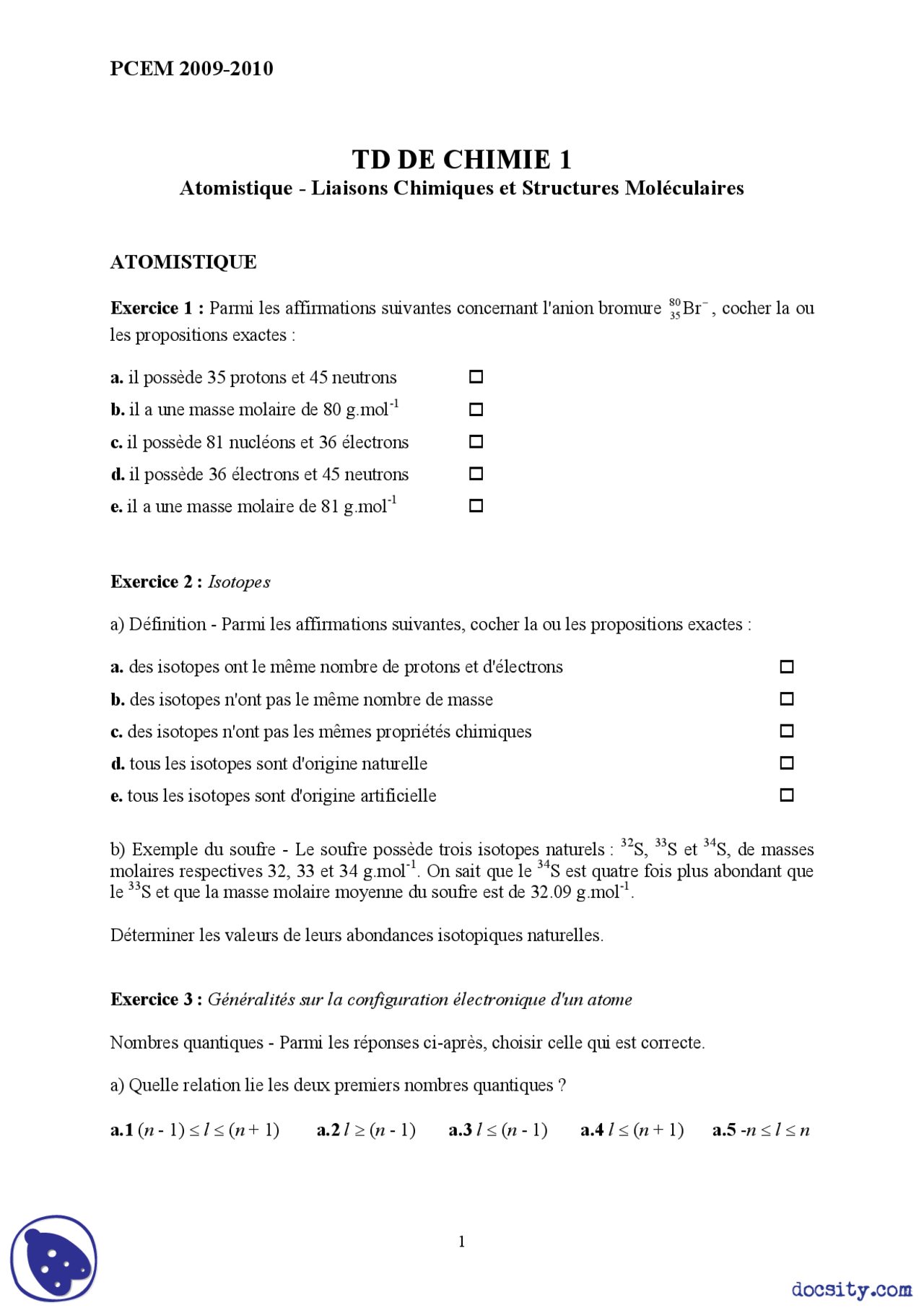 Exercices De Chimie Datomistique Exercices Chimie Appliquée Docsity