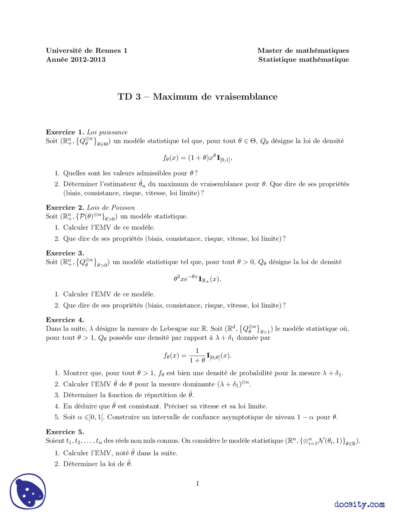 Exercices sur le maximum de vraisemblance | Exercices Méthodes ...