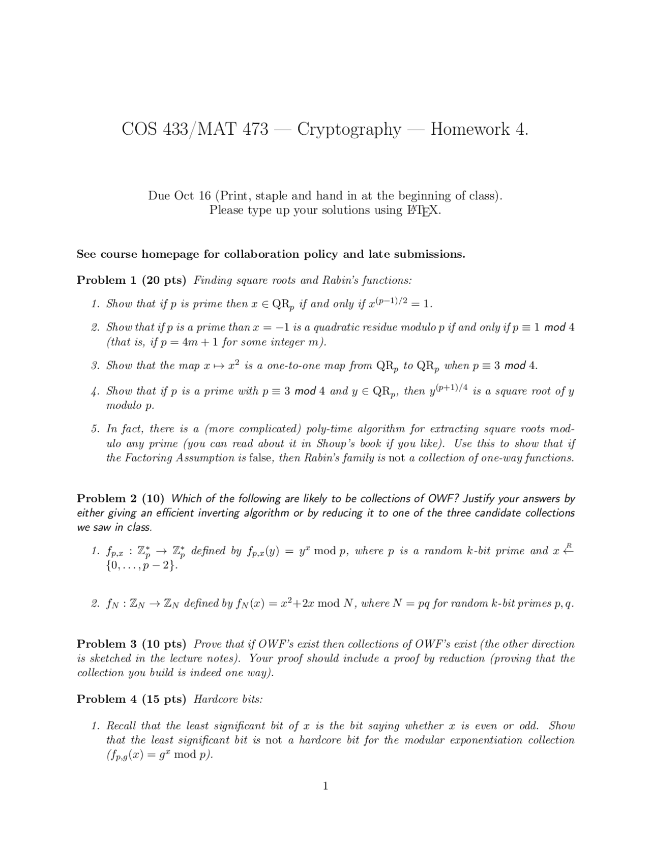 Rabins Functions Introduction To Cryptography Homework Docsity