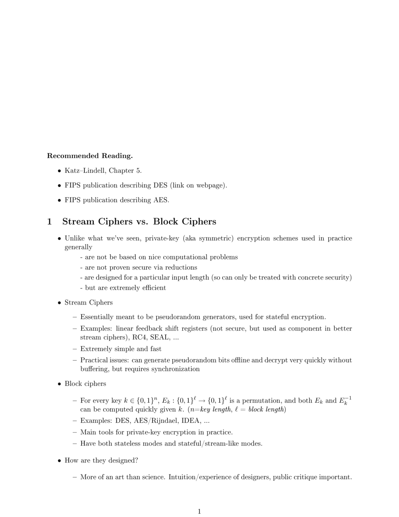 Stream Ciphers Introduction To Cryptography Lecture Notes Docsity