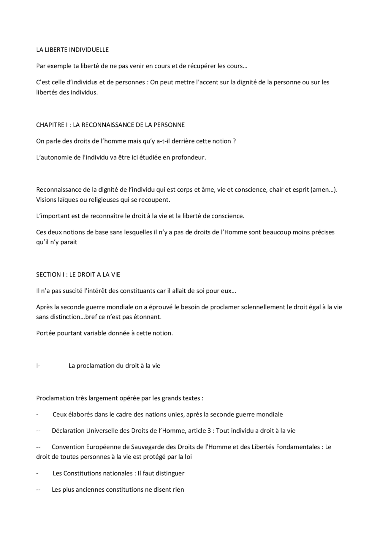 Notes sur la liberte individuelle - 1° partie - Docsity