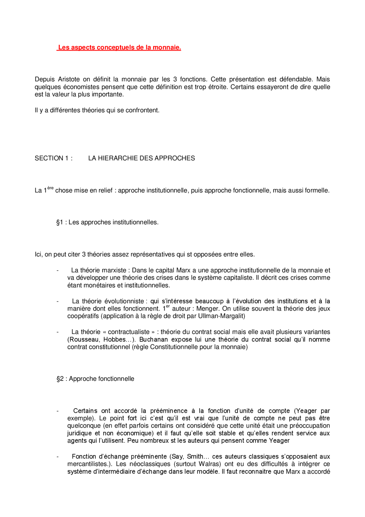 Notes Sur Les Aspects Conceptuels De La Monnaie 1° Partie Docsity