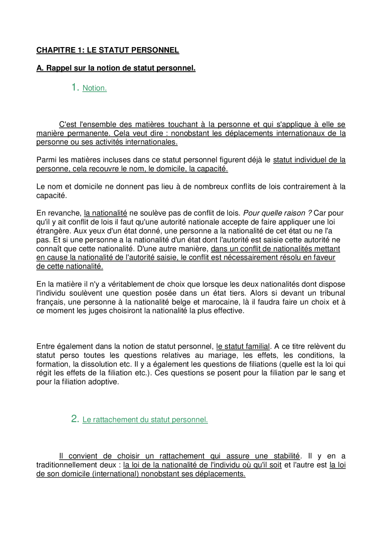 Notes Sur Le Thème Du Statut Personnel 1° Partie Docsity