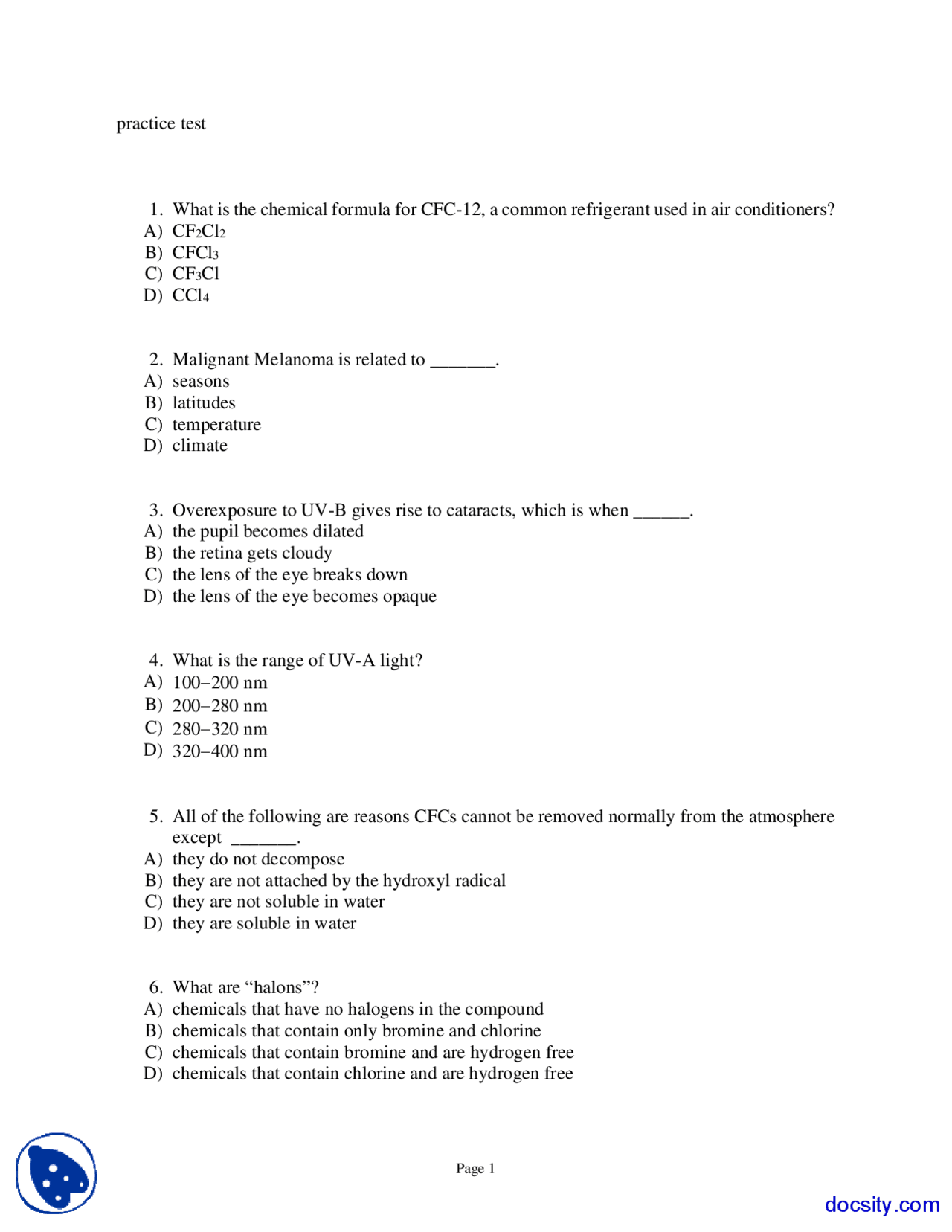 Malignant Melanoma Environmental Science Quiz Docsity