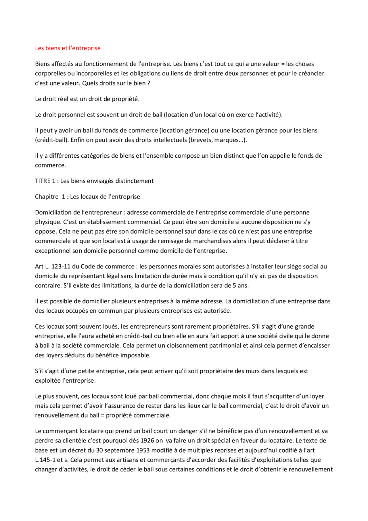 Notes Sur Les Biens Et Lentreprise 1° Partie Docsity