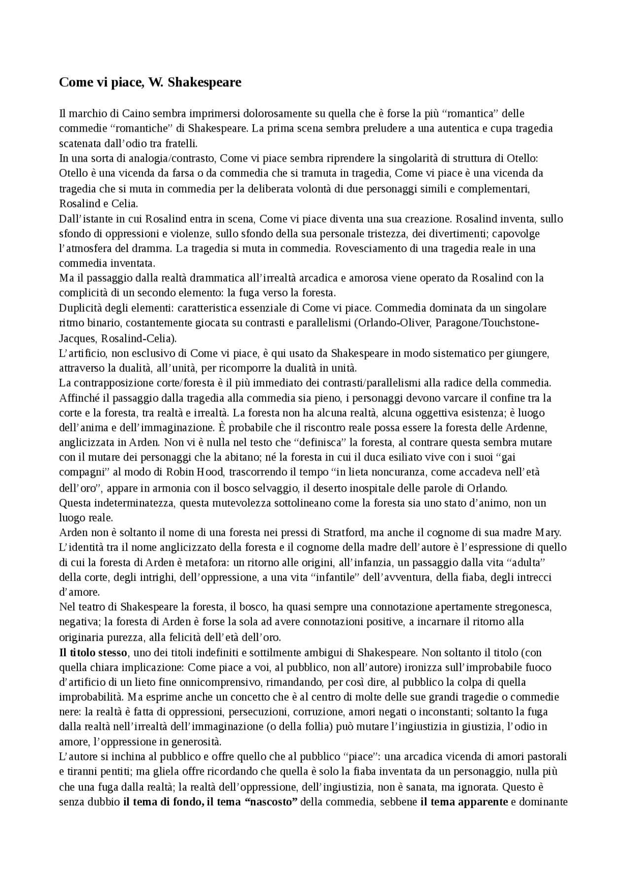 Come vi piace, W. Shakespeare | Sintesi del corso di Letteratura ...