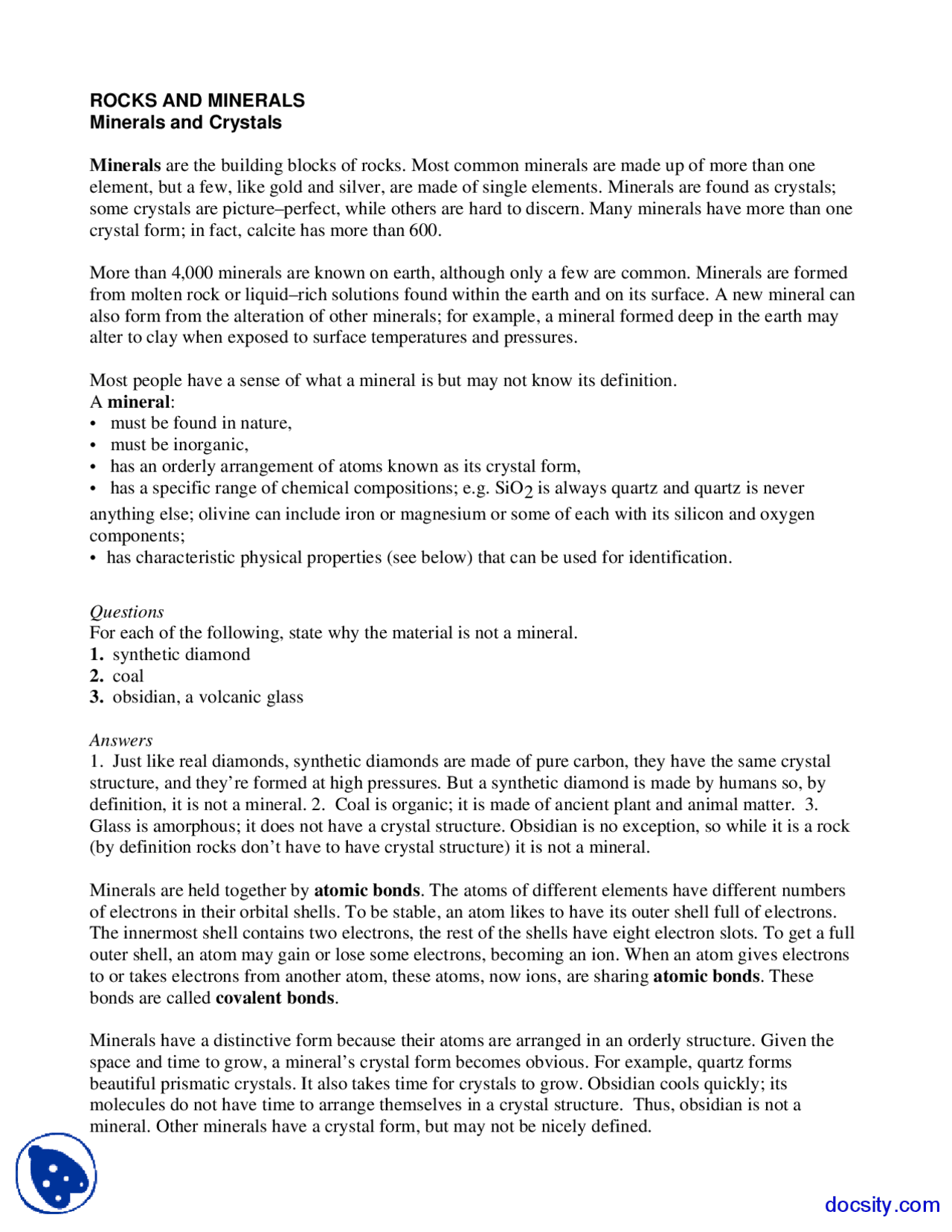 Minerals and Crystals - Earth Science - Lecture Notes | Study notes ...