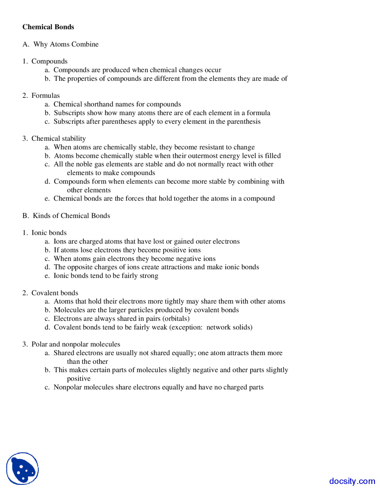 Chemical Bonds Earth Science Lecture Notes Docsity