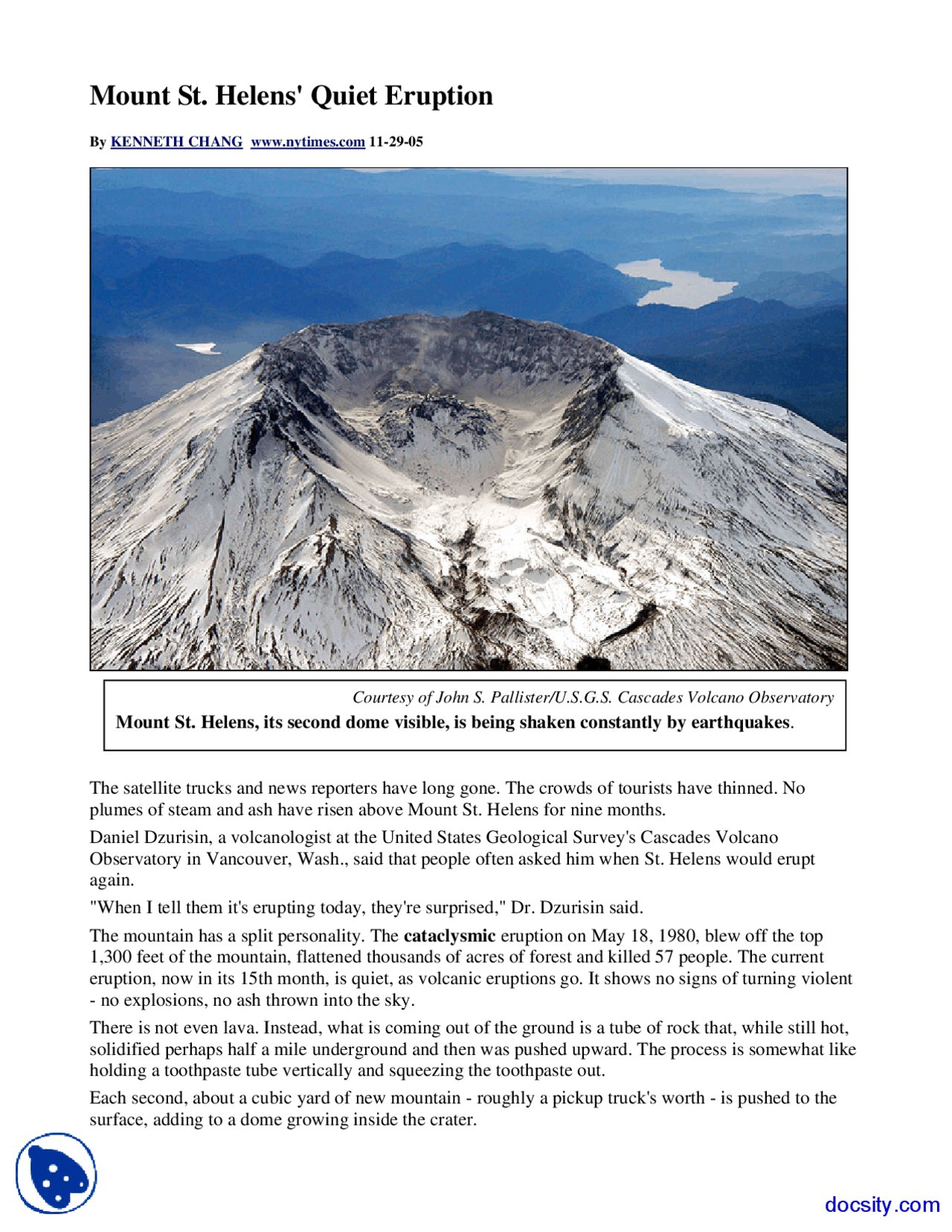 Mount St Helens' Quiet Eruption - Earth Science - Lecture Notes - Docsity