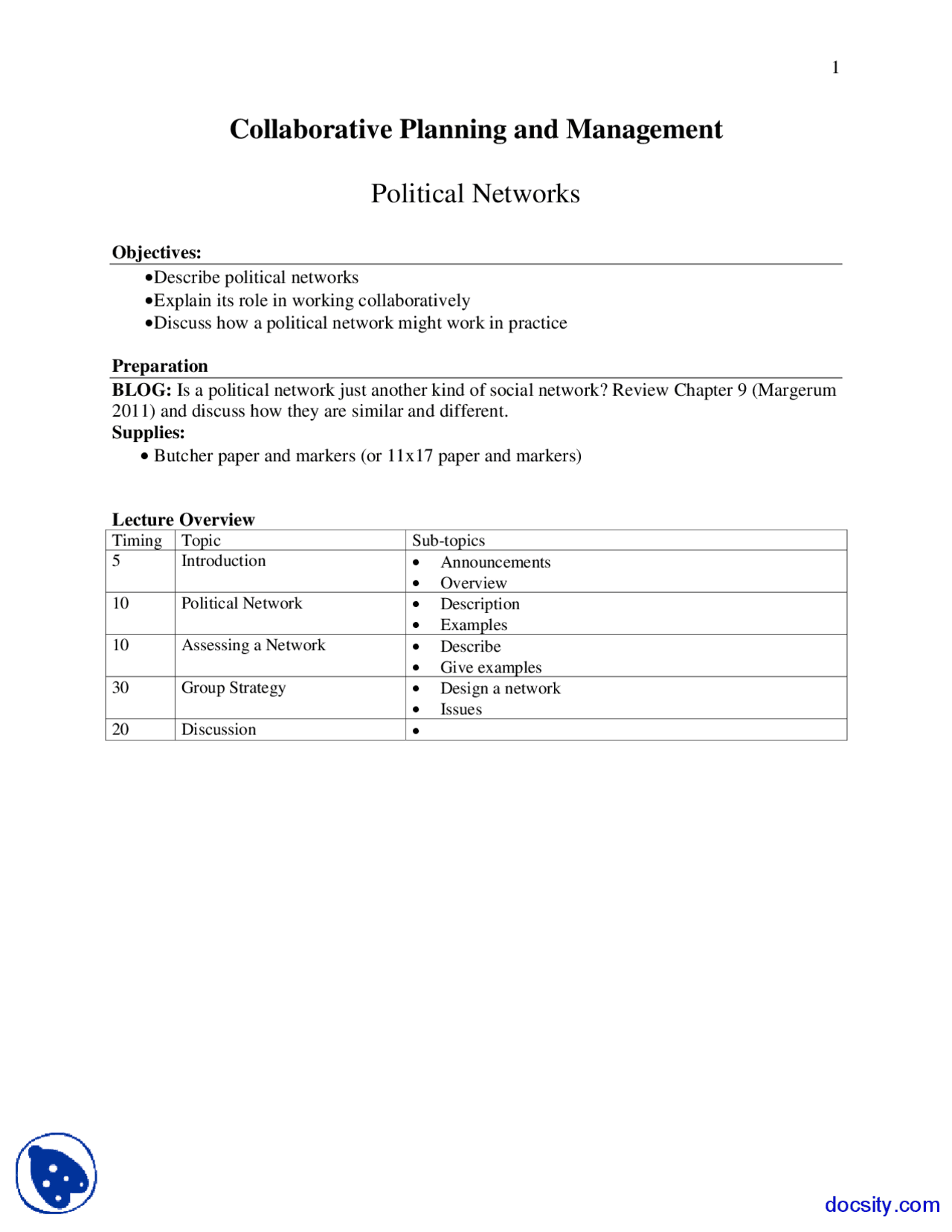 Political Networks Collaboration Lecture Notes Docsity