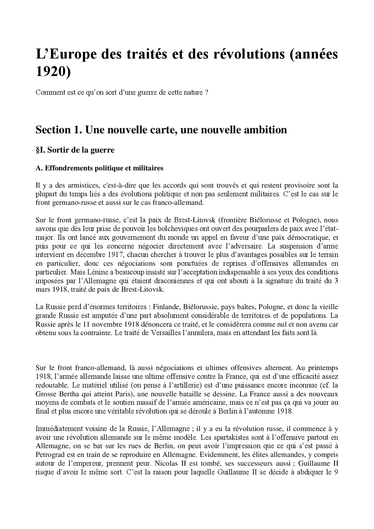 Notes Sur Le Thème De Leurope Des Traités Et Des Révolutions Années