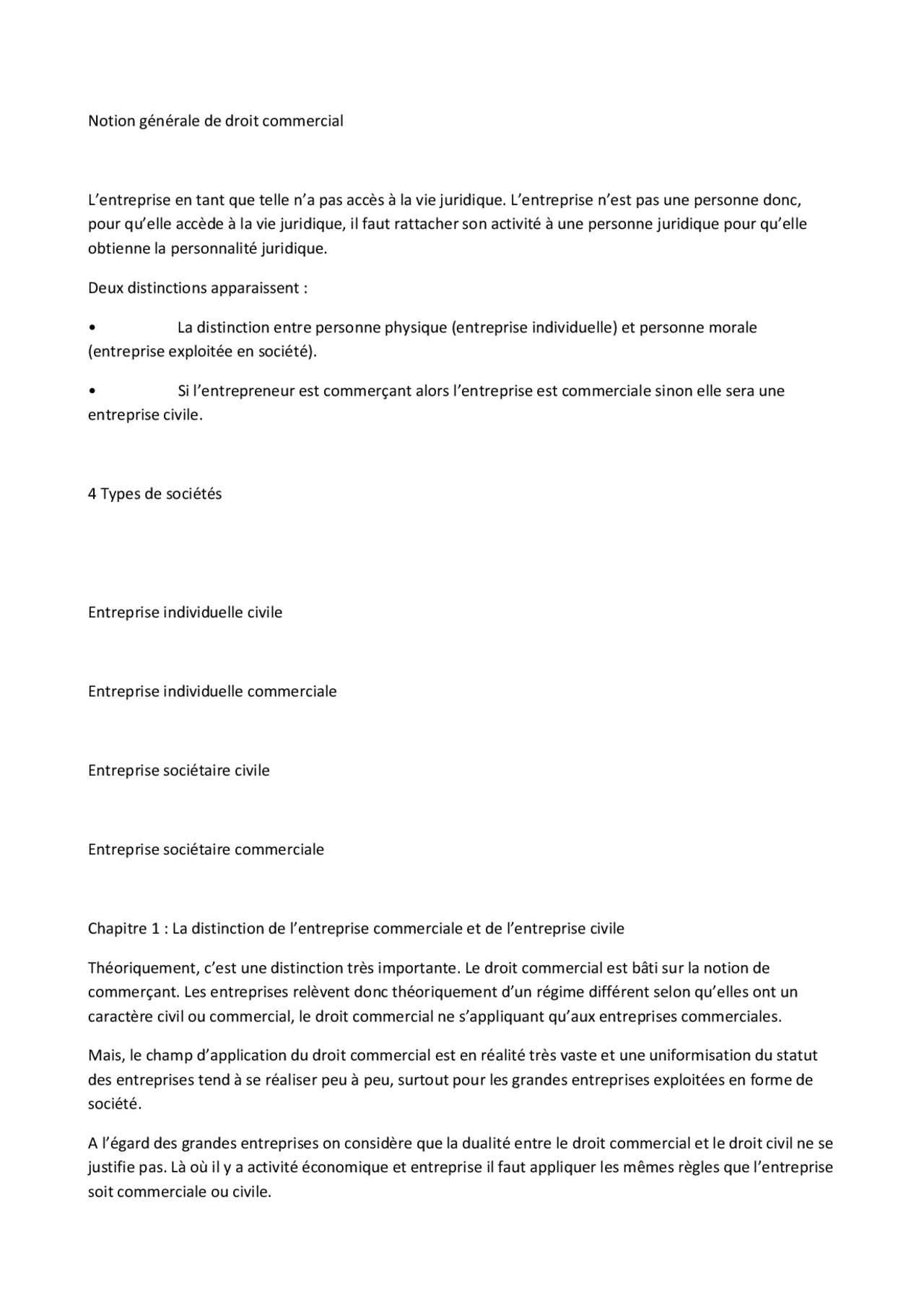 Notes Sur La Notion Générale De Droit Commercial 1° Partie Docsity
