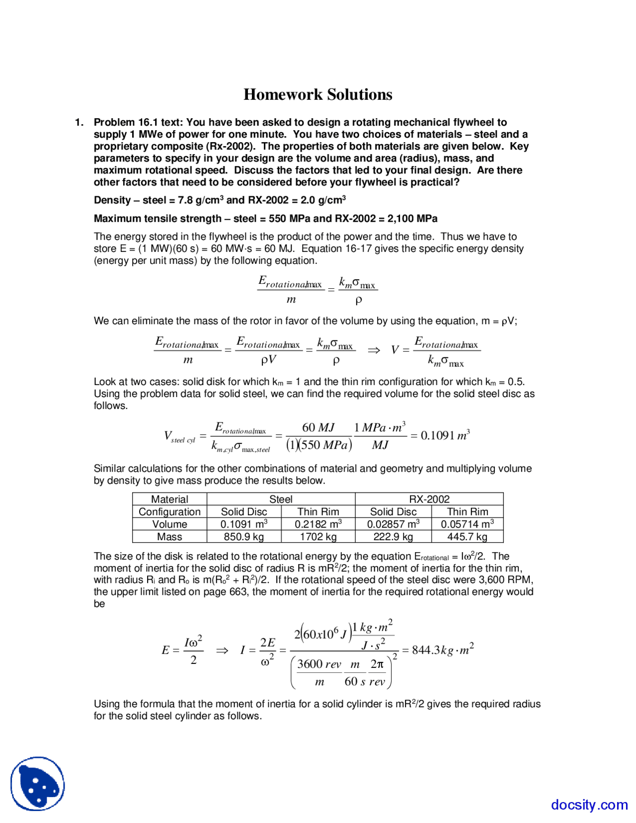 Fly Wheel Alternative Energy Engineering Solved Homework Docsity