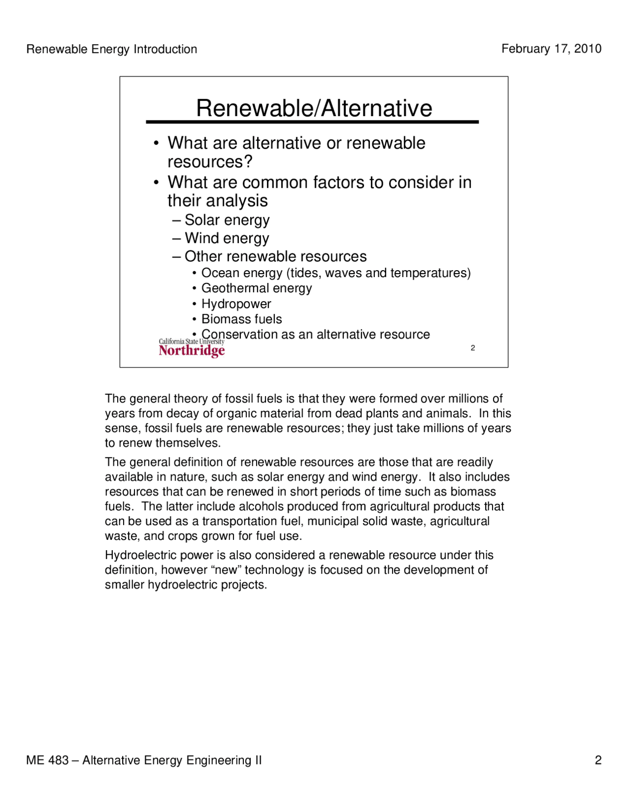 Renewables Alternative Energy Engineering Lecture Notes Docsity