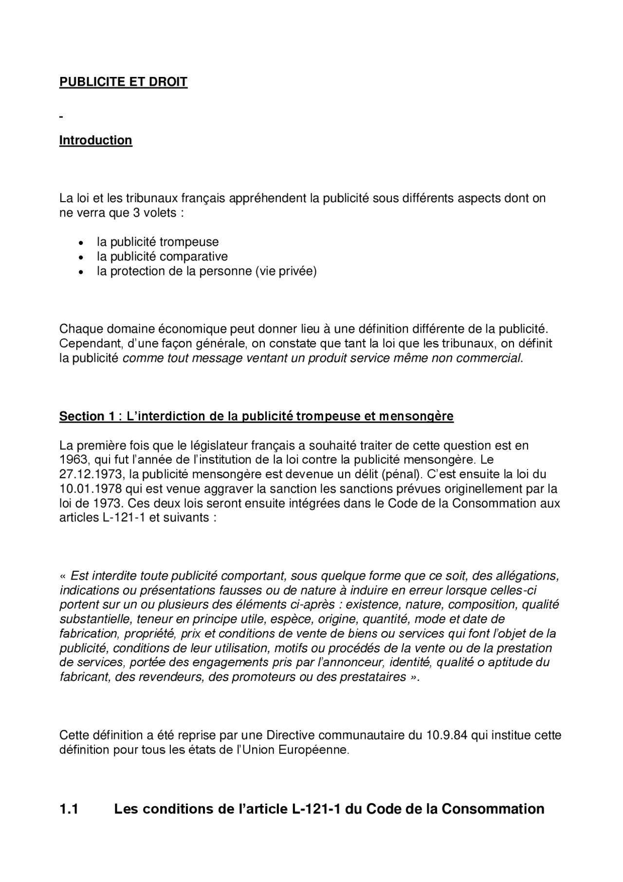 Notes Sur La Publicité Et Le Droit Docsity