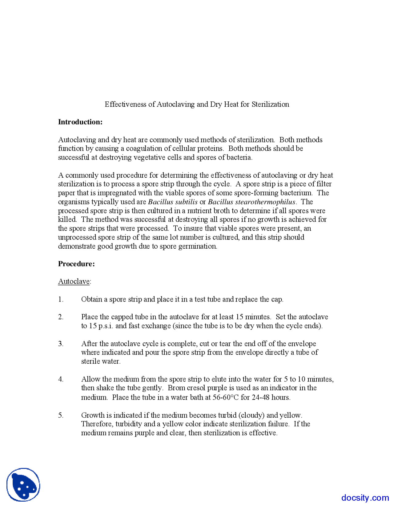 Autoclave and Dry Heat Experiment - Microbiology - Lab Manual - Docsity