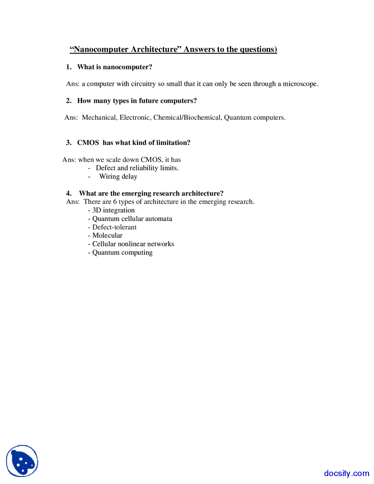 Nanocomputer Architecture - Introduction to Nano Technology - Solved Quiz - Docsity