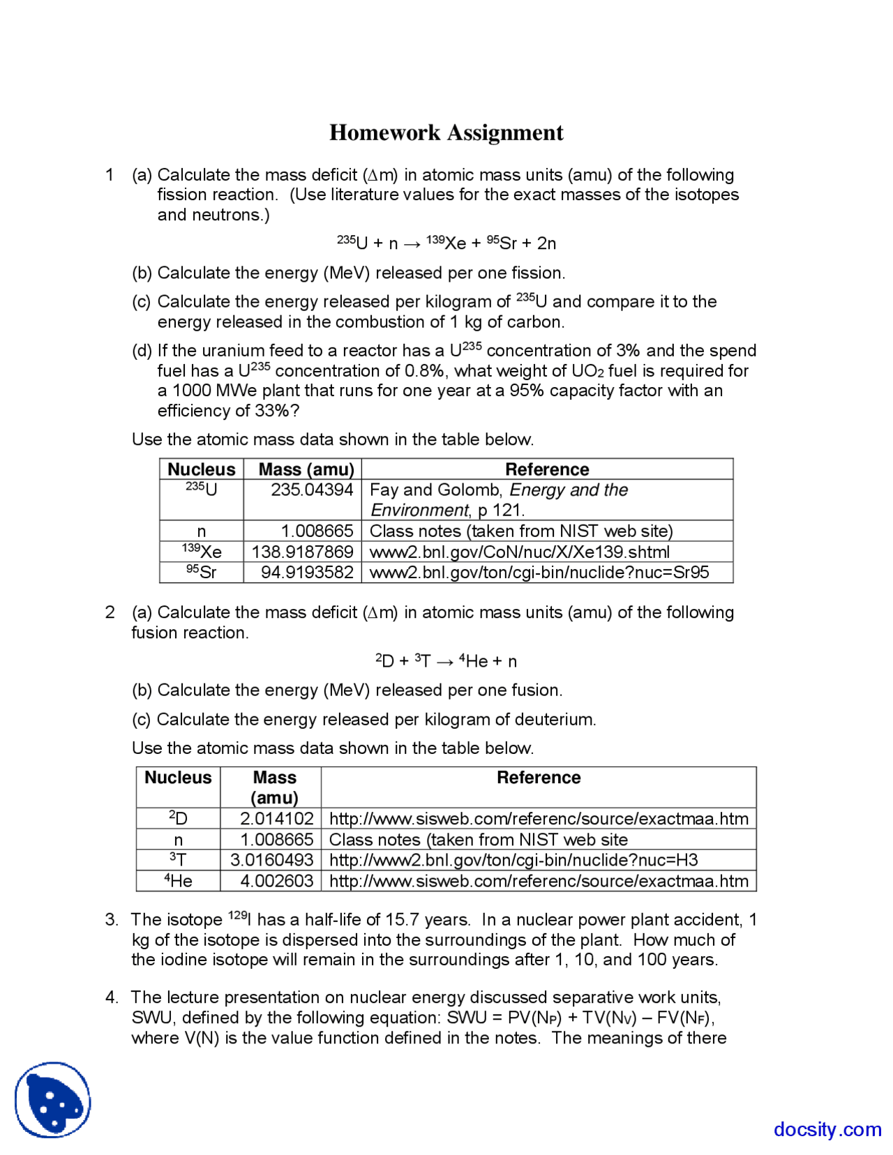 Atomic Mass Alternative Energy Engineering Homework Exercises