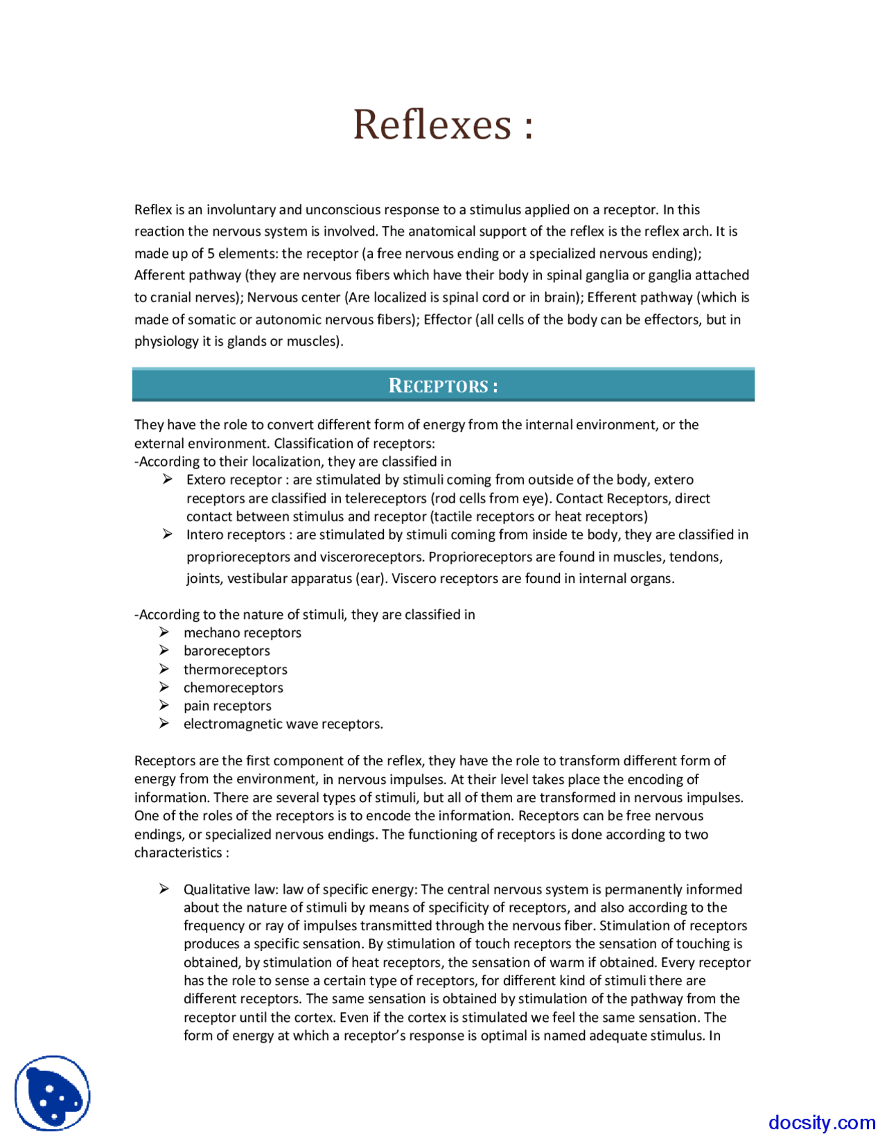 Reflexes - Physiology - Lecture Notes | Study notes Physiology | Docsity