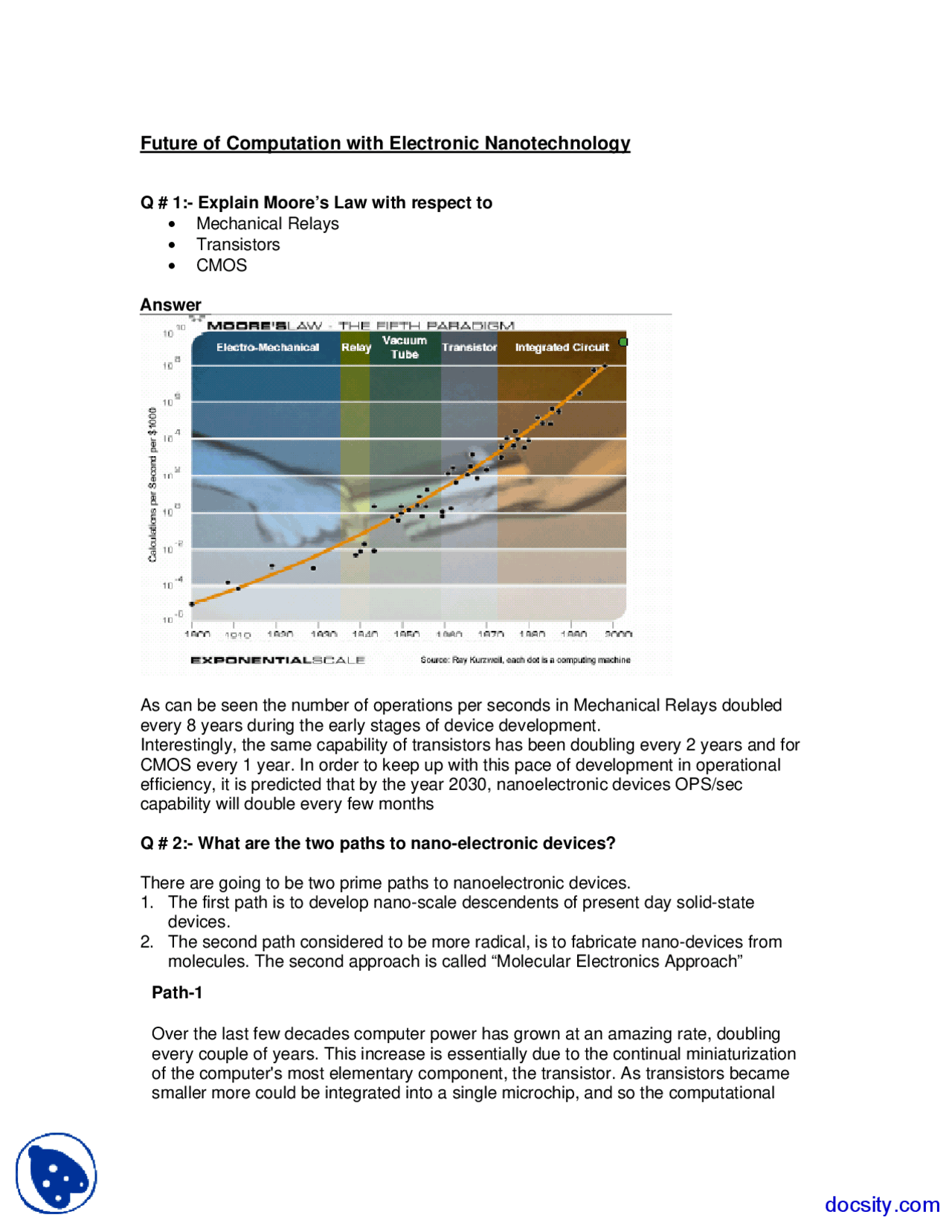Future of Computation - Introduction to Nano Technology - Solved Quiz - Docsity