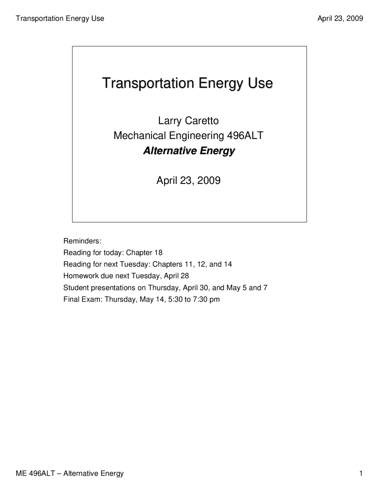 Transportation Energy Use Alternative Energy Engineering Lecture