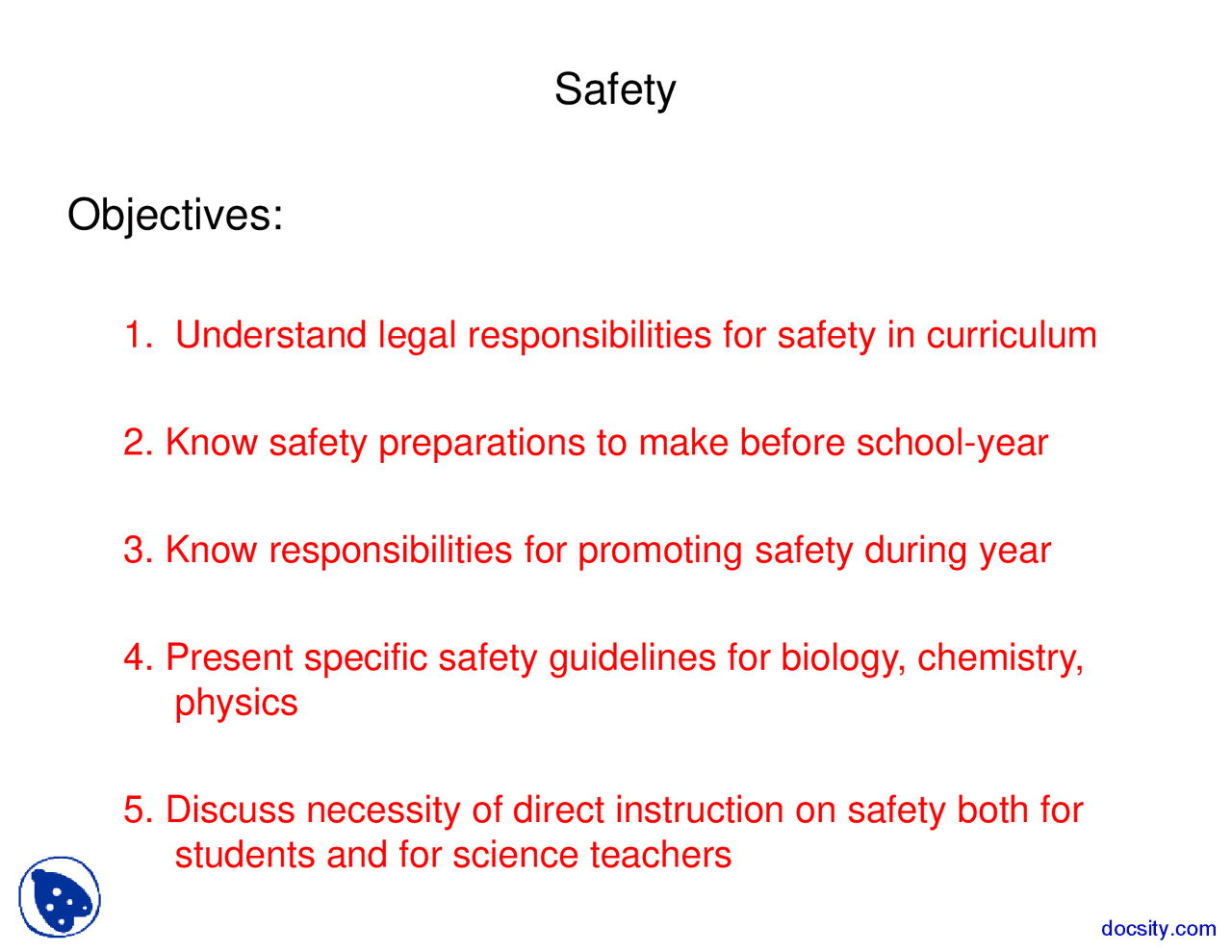 Safety - Secondary Science Methods - Lecture Slides - Docsity