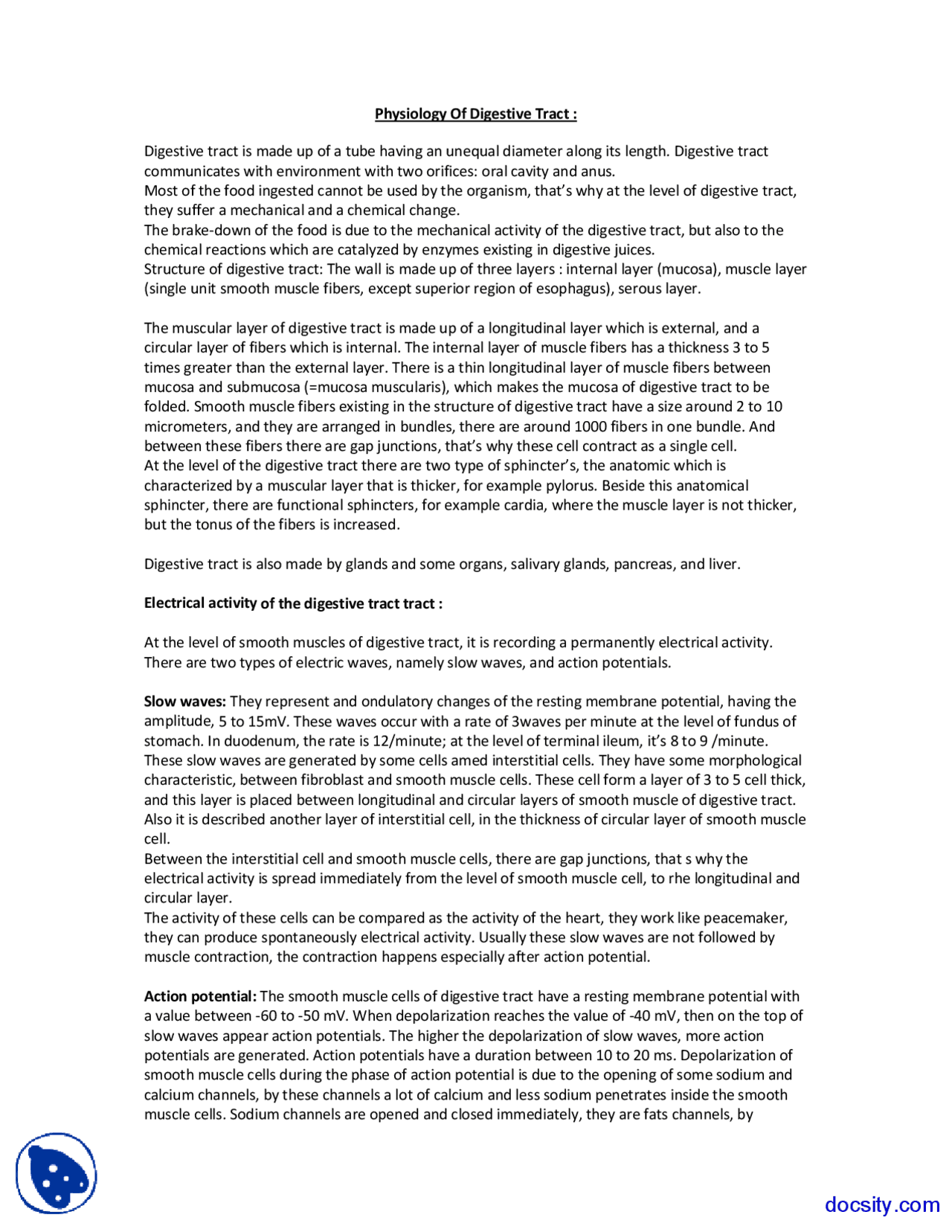 Physiology Of Digestive Tract Physiology Lecture Notes Docsity