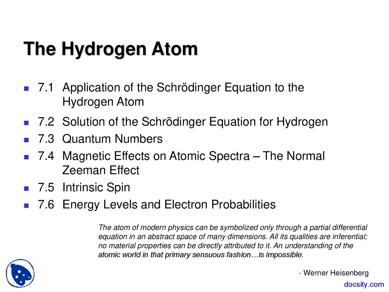 Hydrogen Atom Modern Physics Lecture Slides Slides Physics Docsity