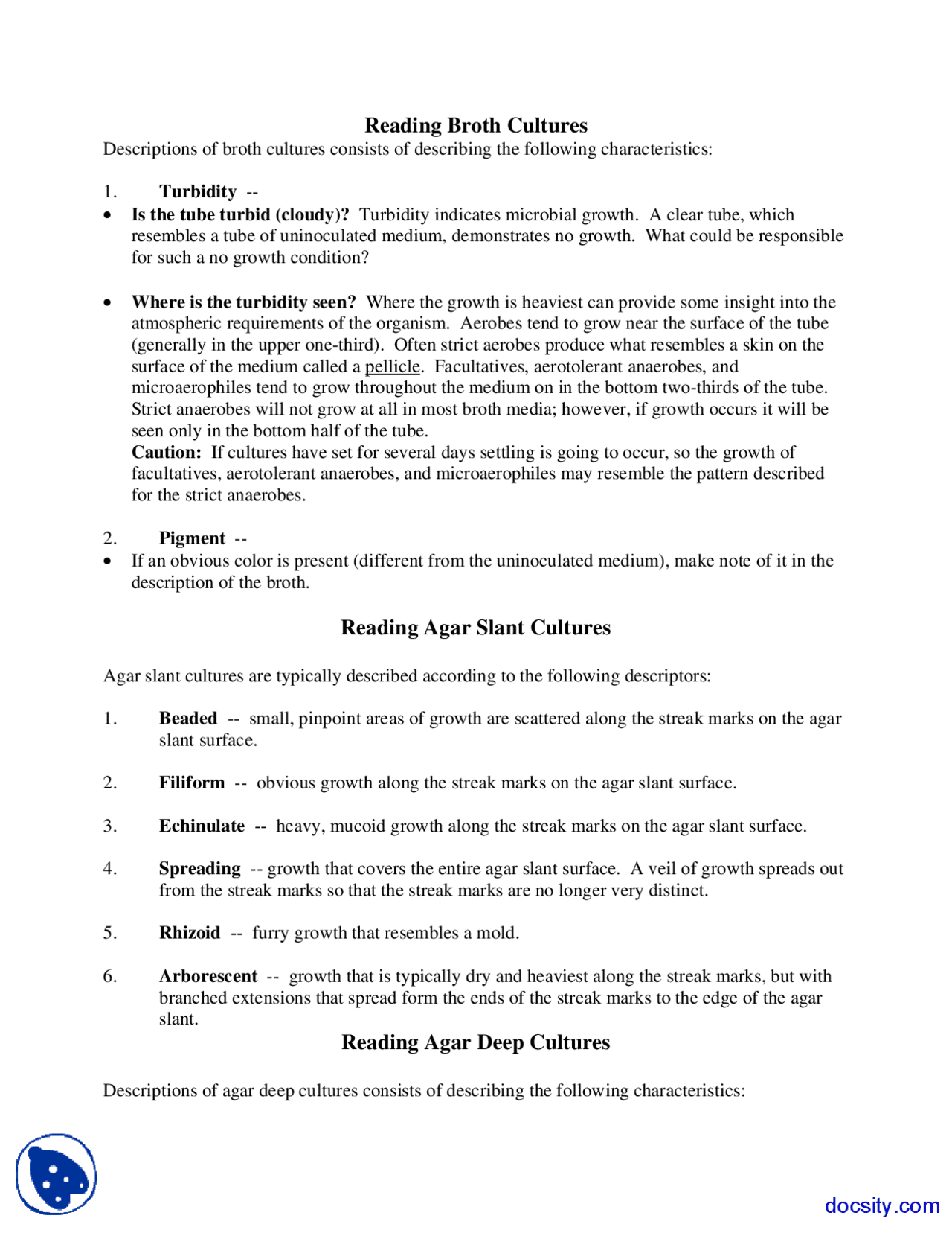 Reading Broth Cultures Microbiology Lab Manual Docsity