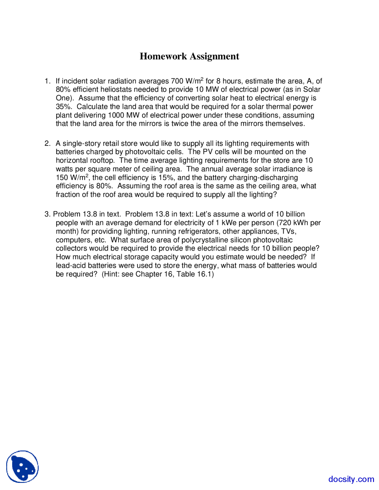 Solar Radiation Alternative Energy Engineering Homework Exercises