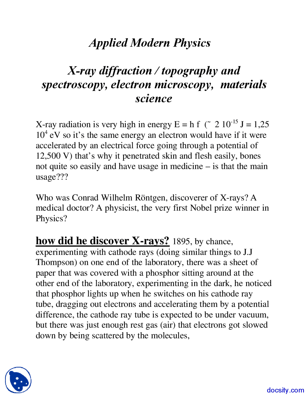 Applied Modern Introduction To Modern Physics Lecture Notes Docsity