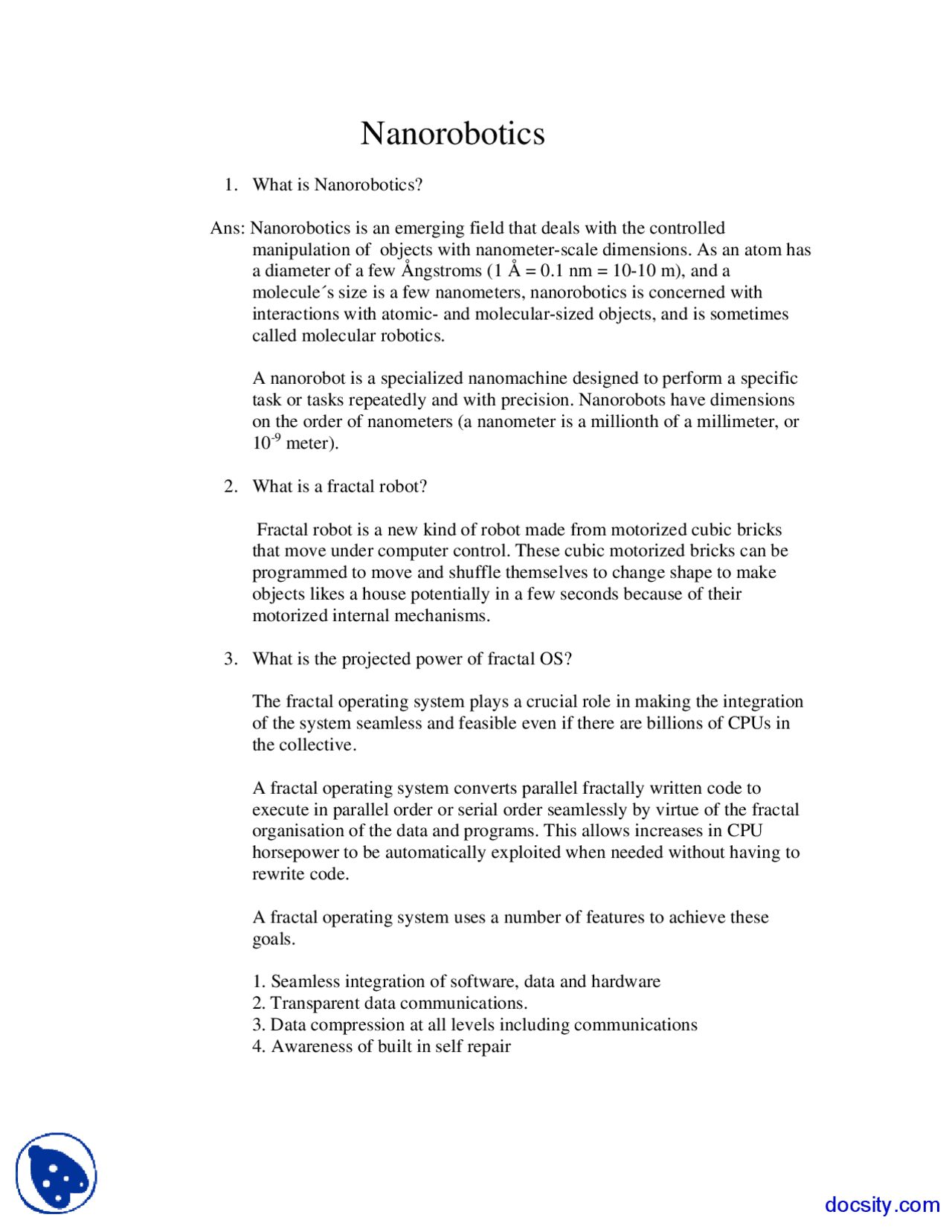 Nanorobotics - Introduction to Nano Technology - Solved Quiz - Docsity