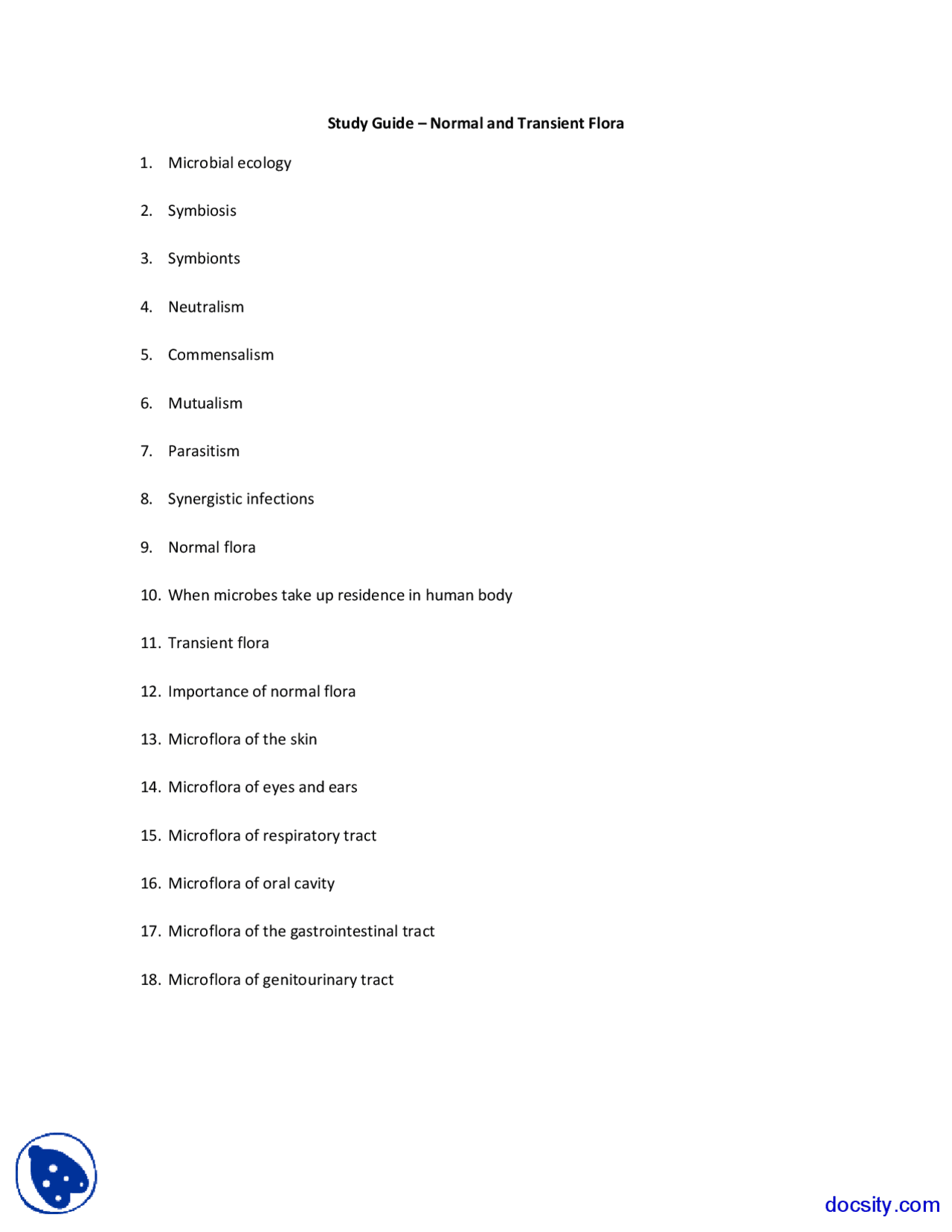 Normal and Transient Flora - Microbiology - Study Guide - Docsity