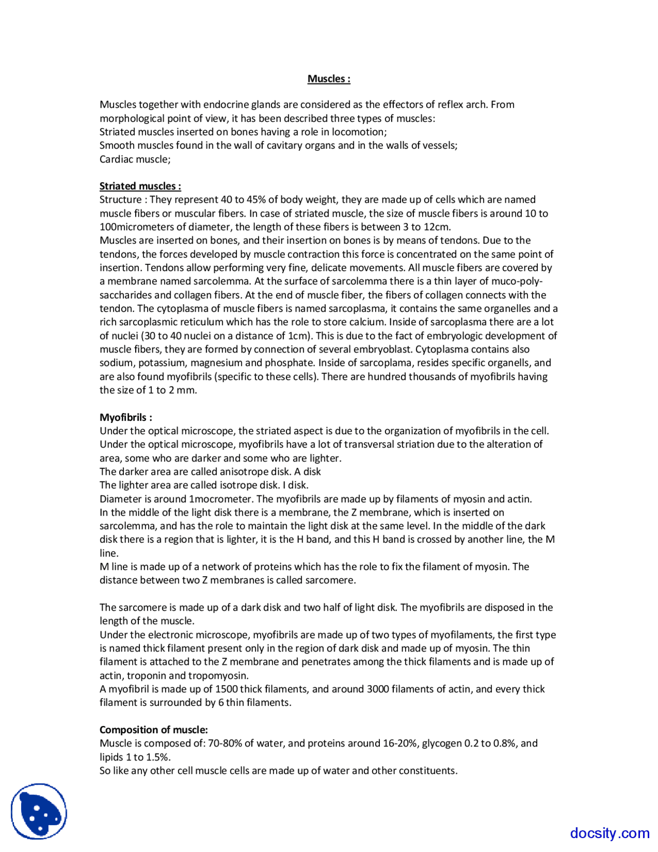 Muscles - Physiology - Lecture Notes | Study notes Physiology | Docsity