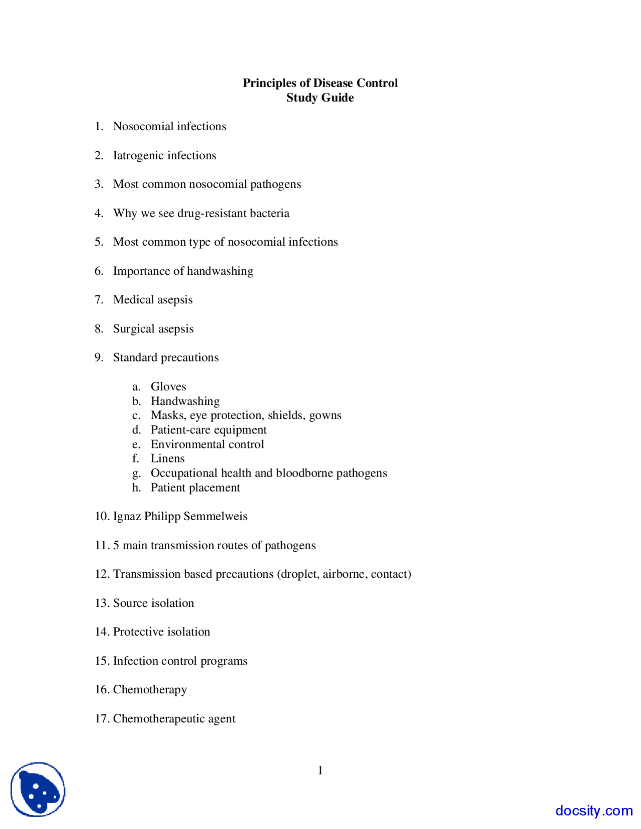 Principles of Disease Control - Microbiology - Study Guide - Docsity