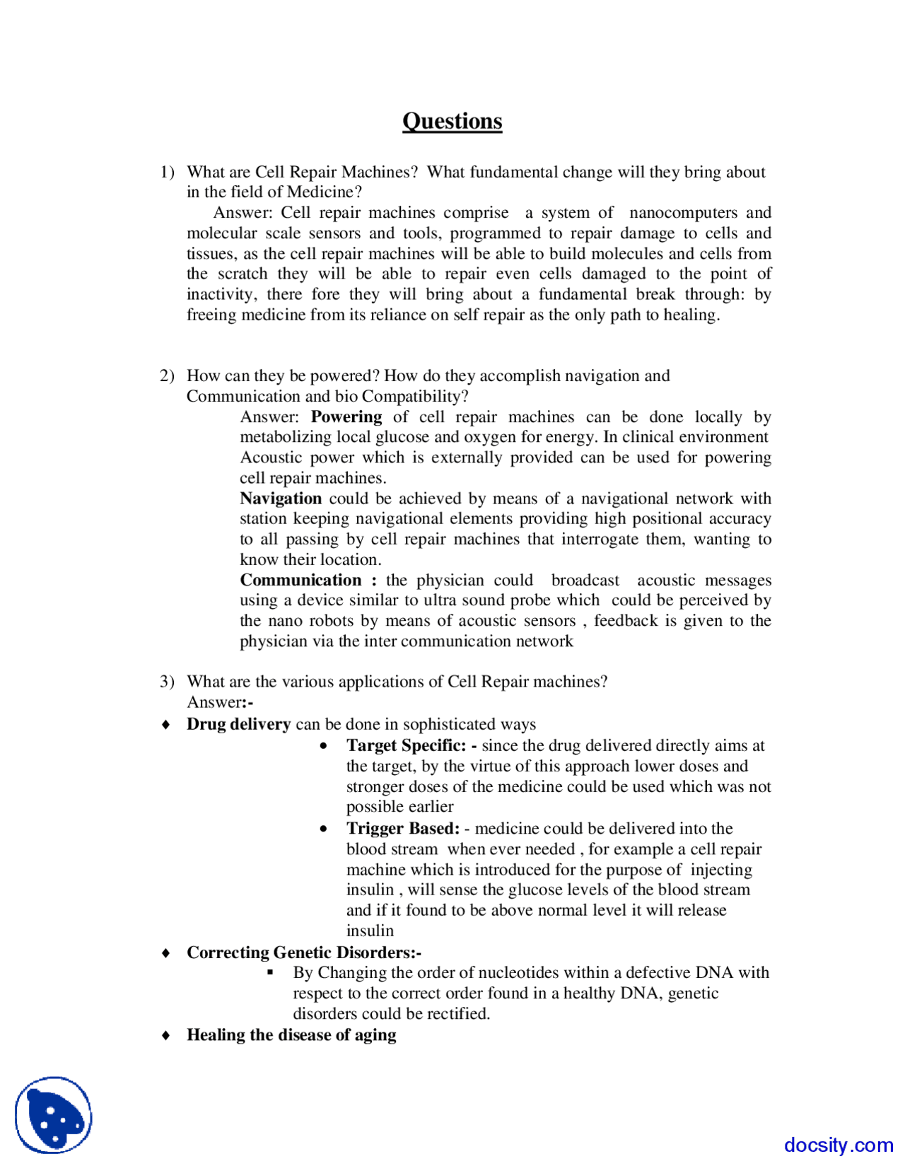Medicine - Introduction to Nano Technology - Solved Quiz - Docsity