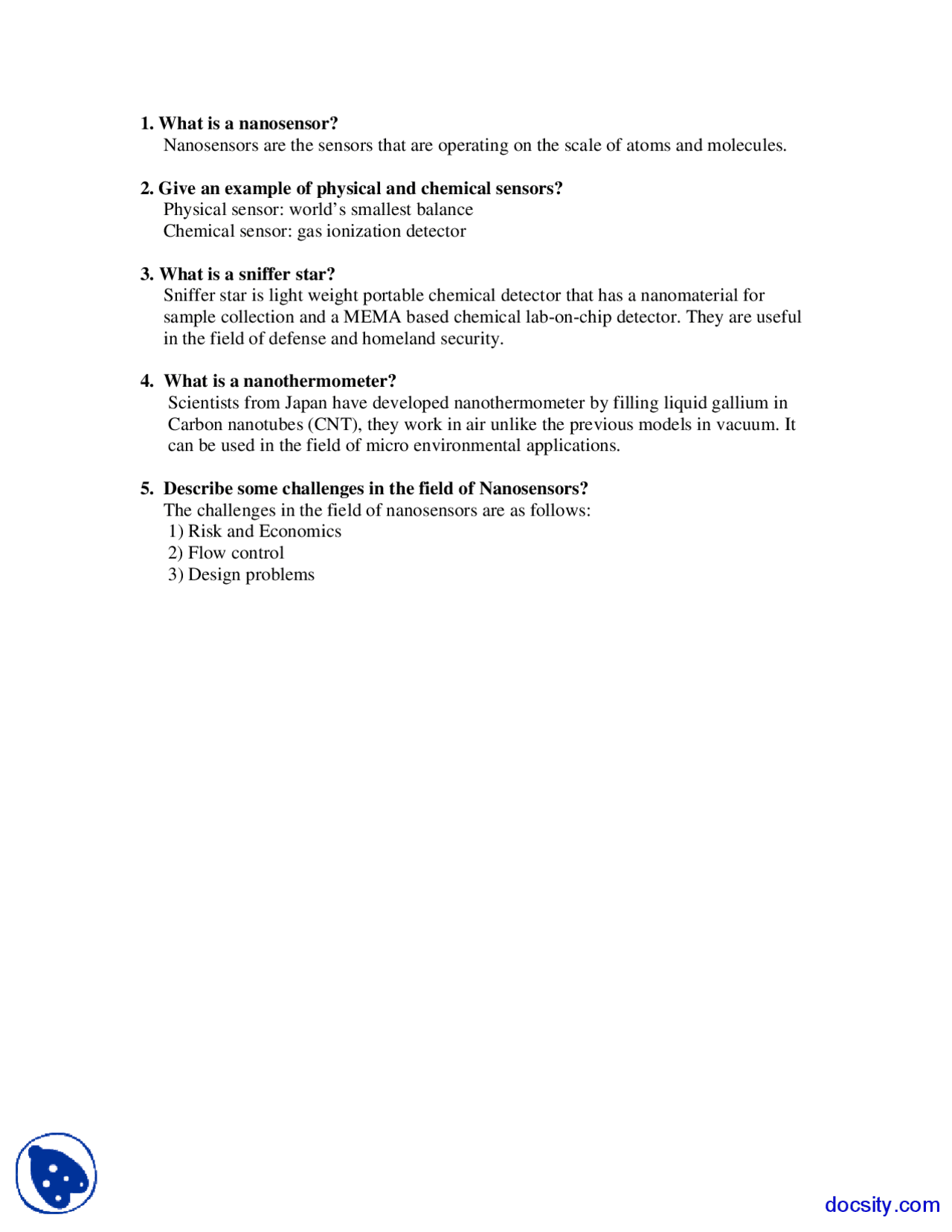 Nanosensors - Introduction to Nano Technology - Solved Quiz - Docsity