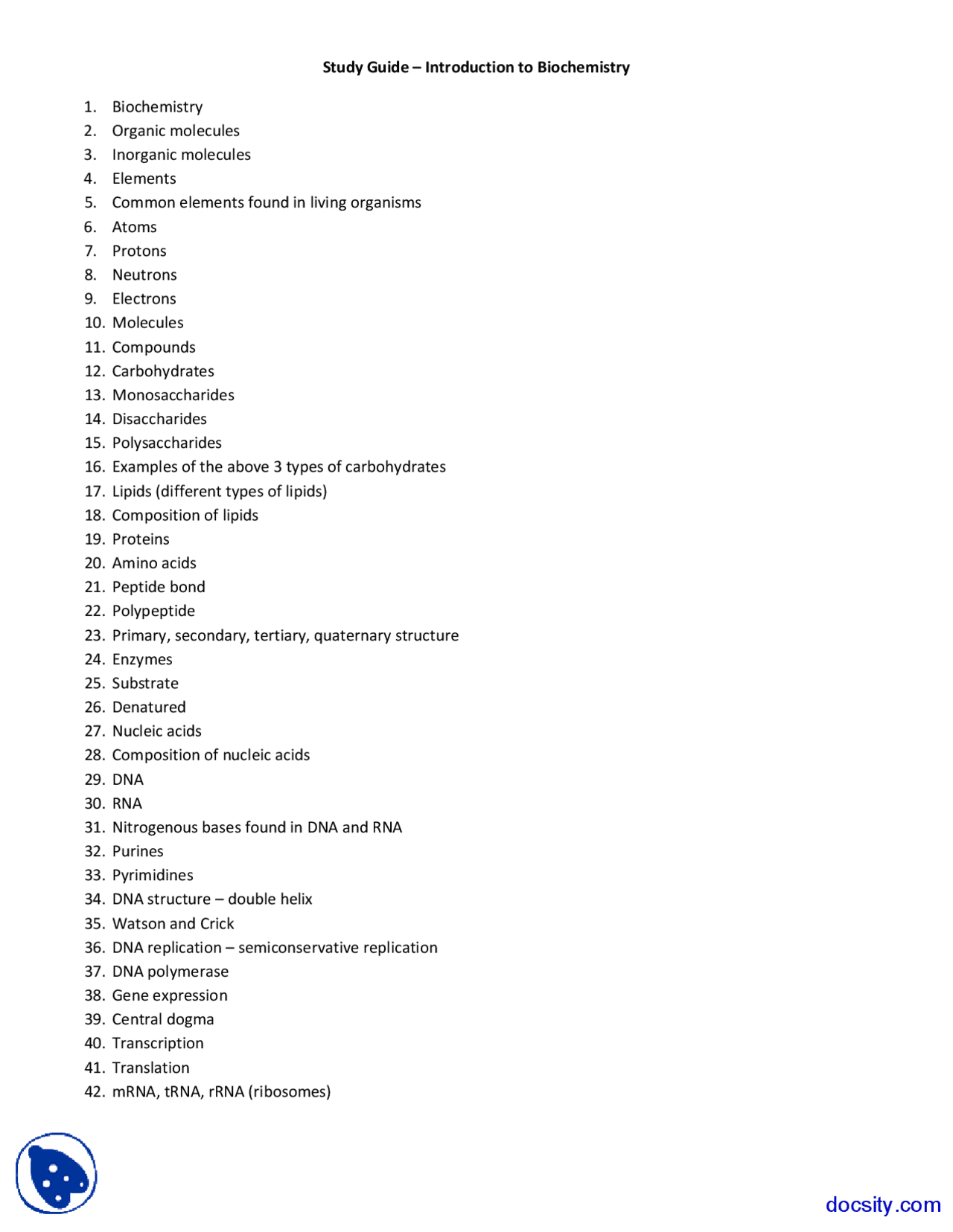 Introduction to Biochemistry - Microbiology - Study Guide | Study notes ...