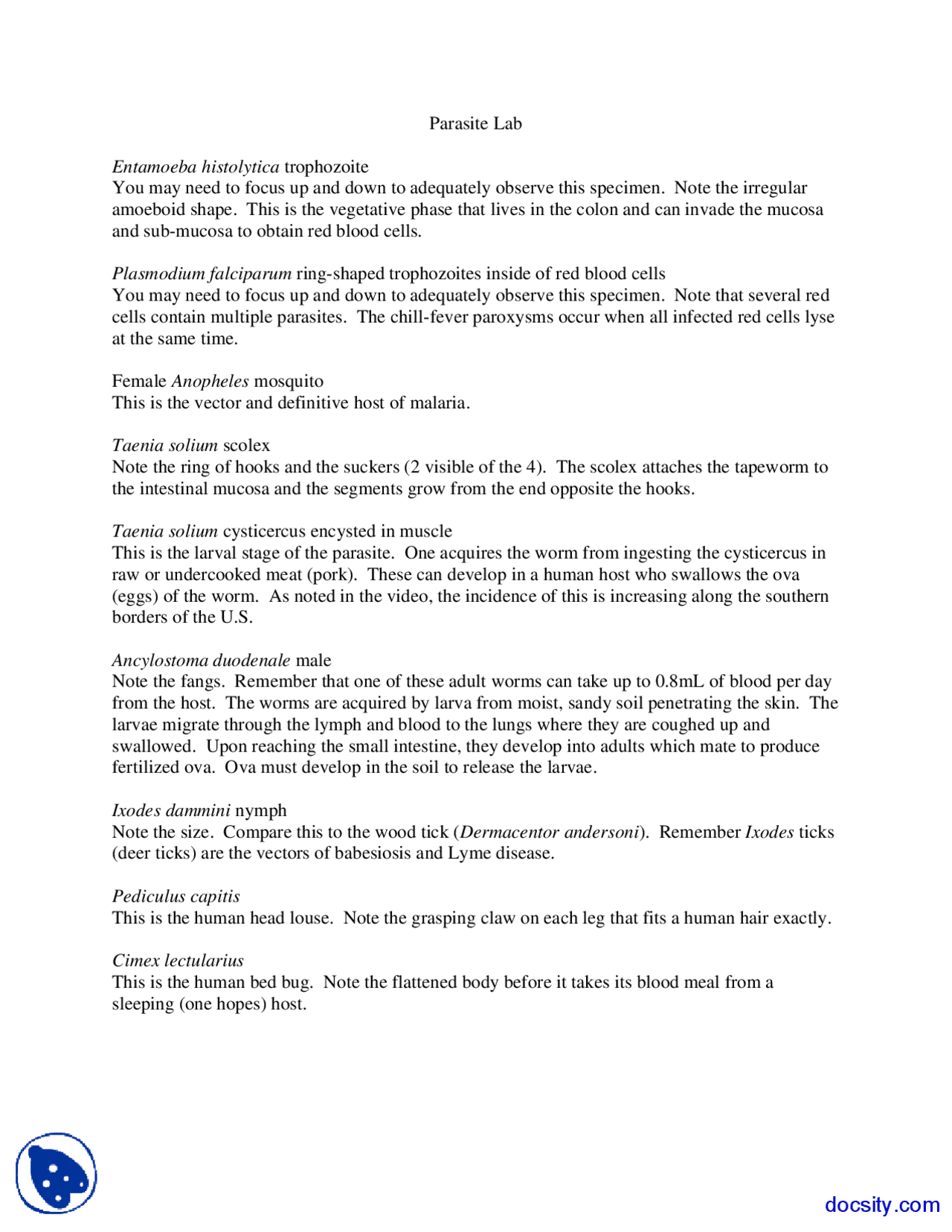 Parasite Lab - Microbiology - Lab Manual | Study notes Microbiology ...