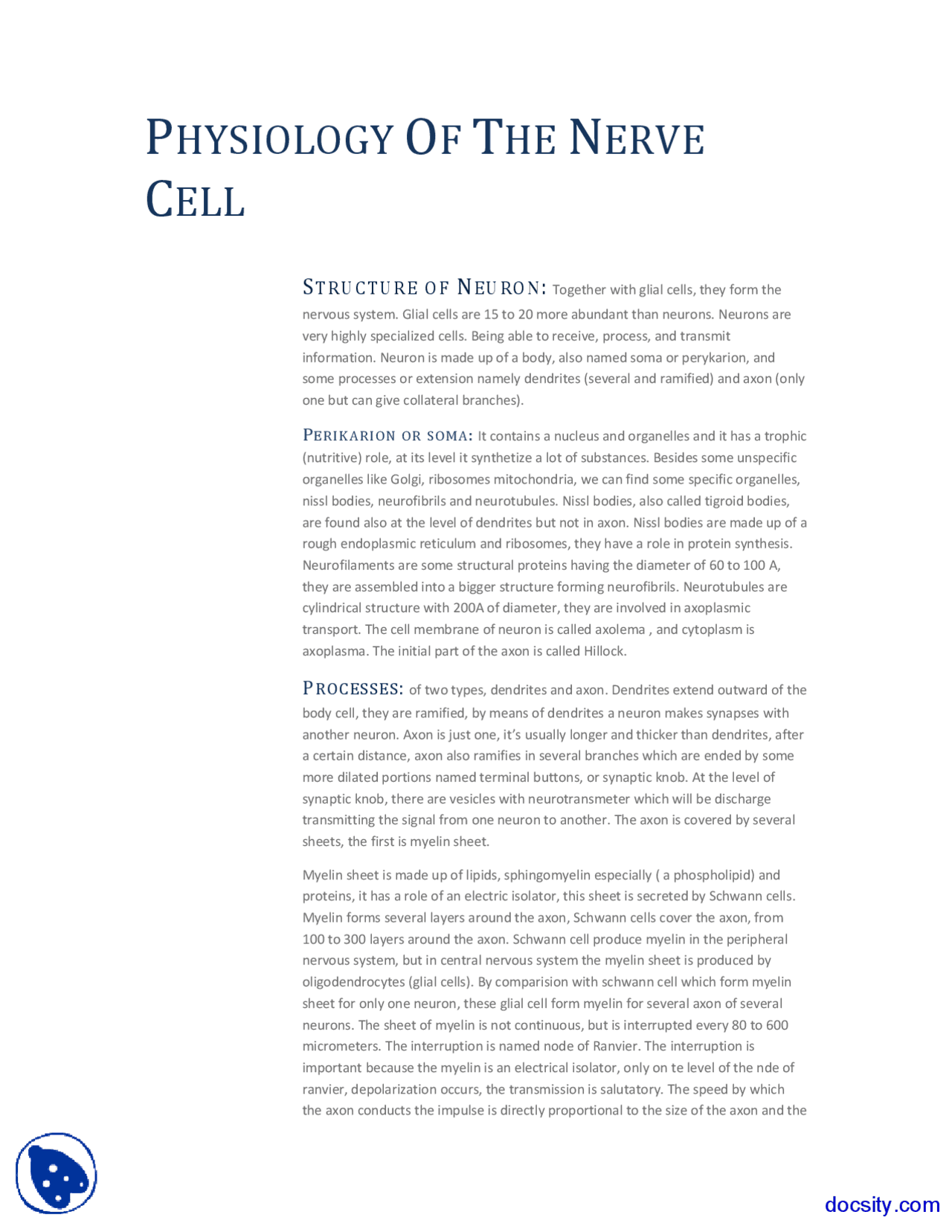 Physiology of Nerve Cell - Physiology - Lecture Notes - Docsity