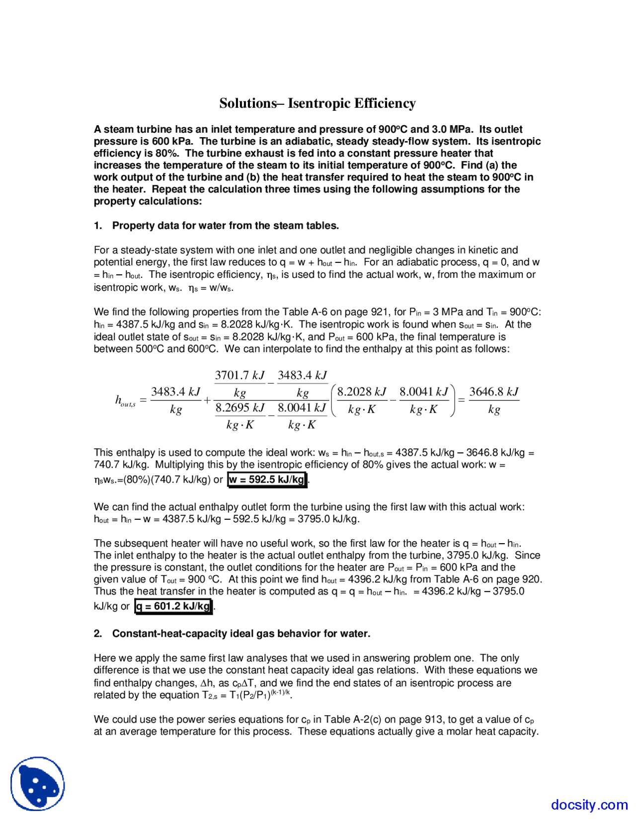 Isentropic Efficiency Thermodynamics Solved Excercise Docsity